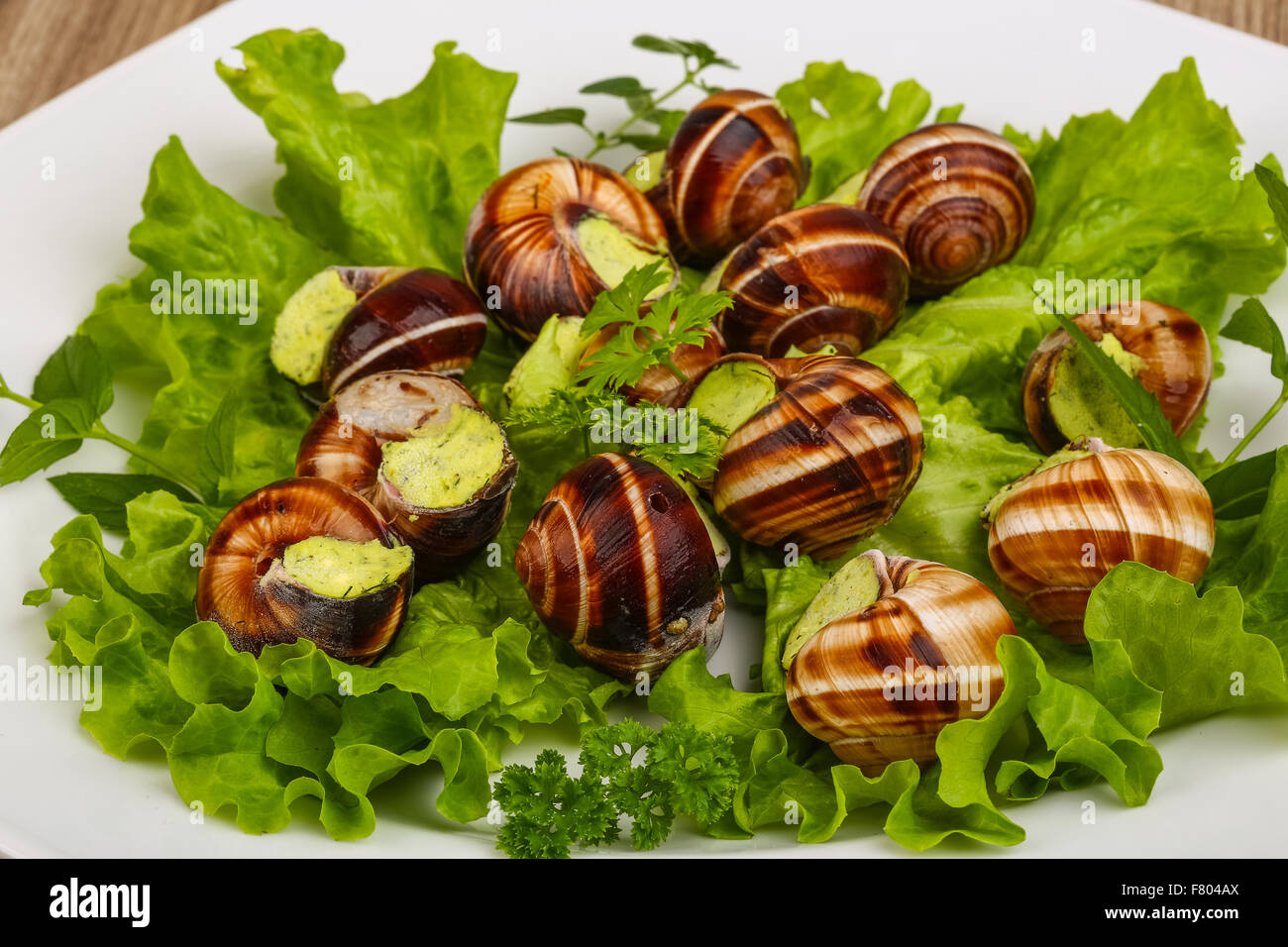 Escargot with parsley butter - served salad and mint leaves Stock Photo ...