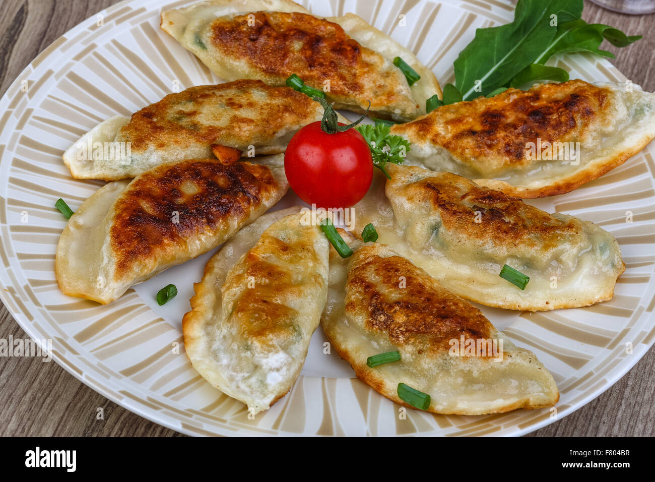 Japanese cousine - Gyoza served green onion and cherry tomato Stock ...