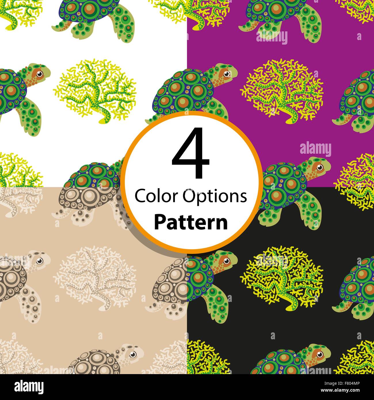 Four options seamless pattern with tropical turtle and coral. Vector ...