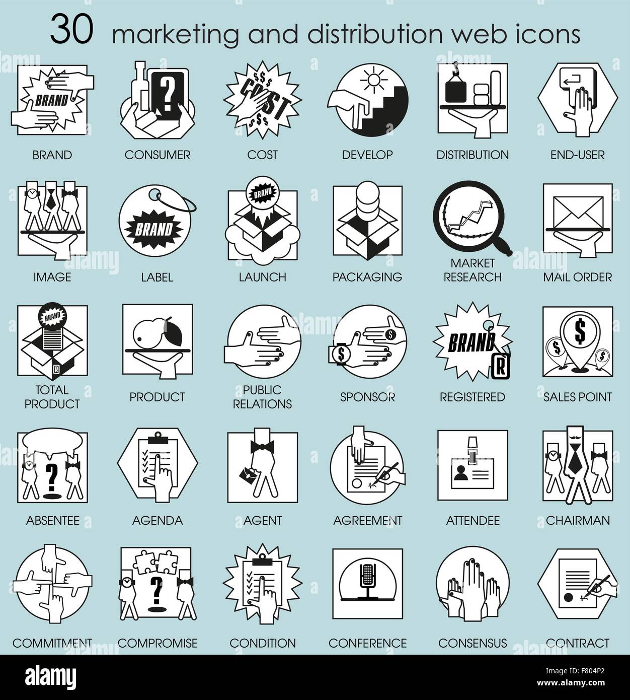 Thirty line icons set with flat design elements of marketing and ...