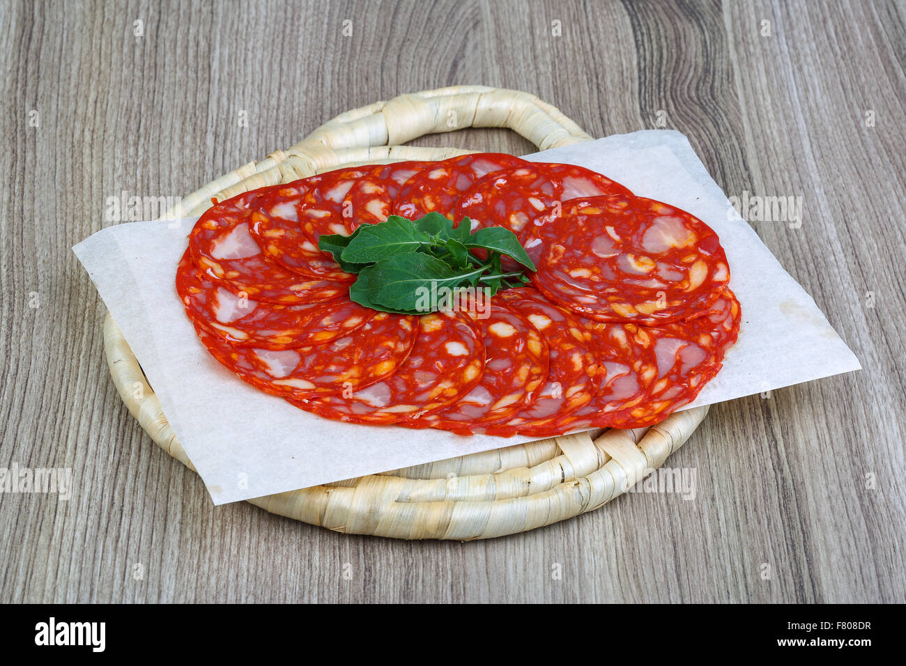 Traditional Spanish salami - Chorizo sausage on the wood background ...