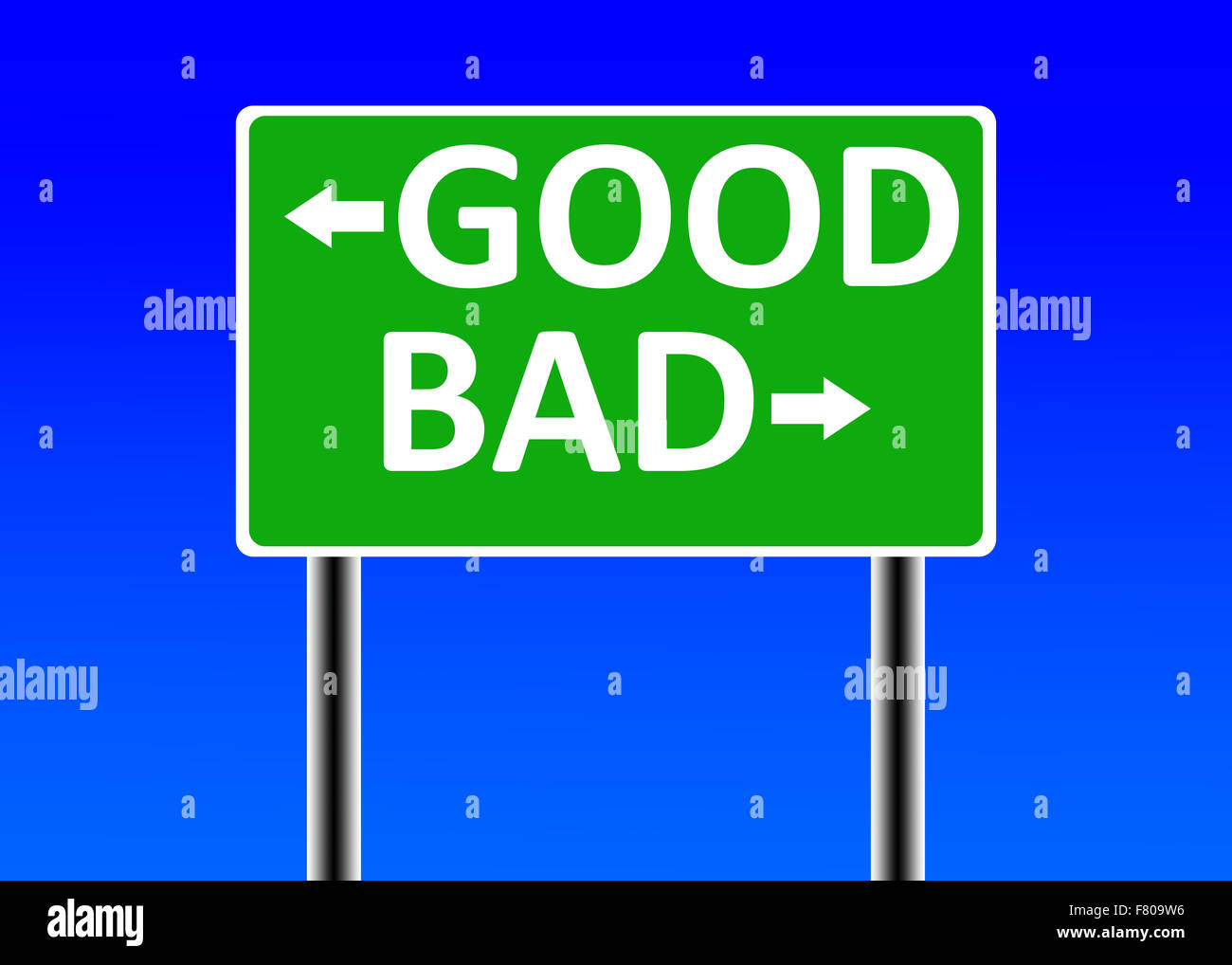 Good and bad choice concept with green road sign Stock Photo - Alamy