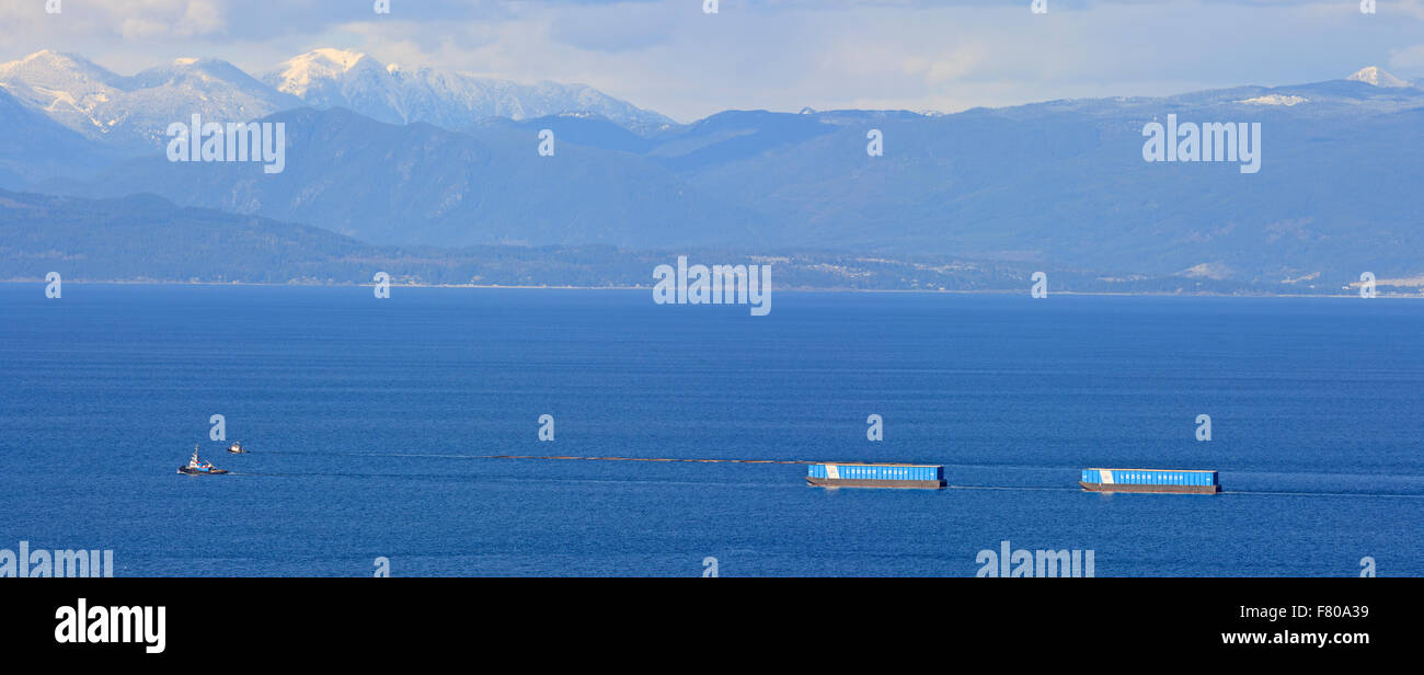 Tugboat towing empty wood chip barges, Georgia Strait, Nanaimo, BC ...