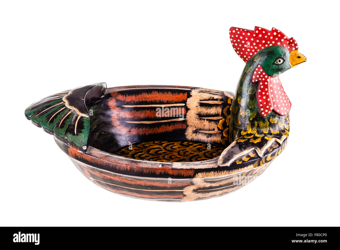a chicken or hen shaped wooden russian basket isolated over a white ...