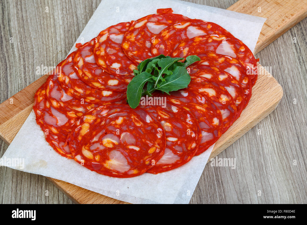 Traditional Spanish salami - Chorizo sausage on the wood background ...