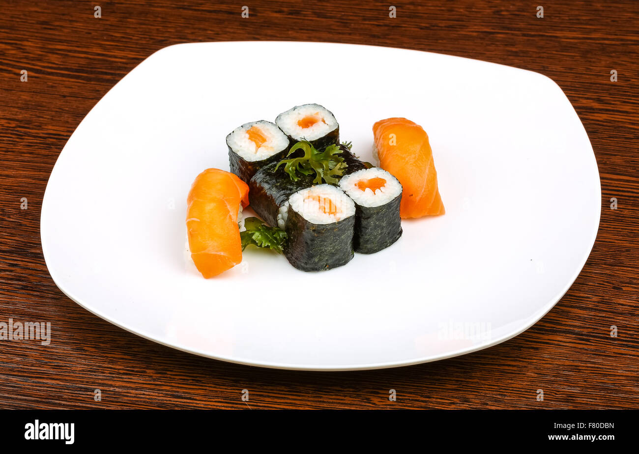 Japan traditional fresh cold salmon sushi and roll Stock Photo - Alamy