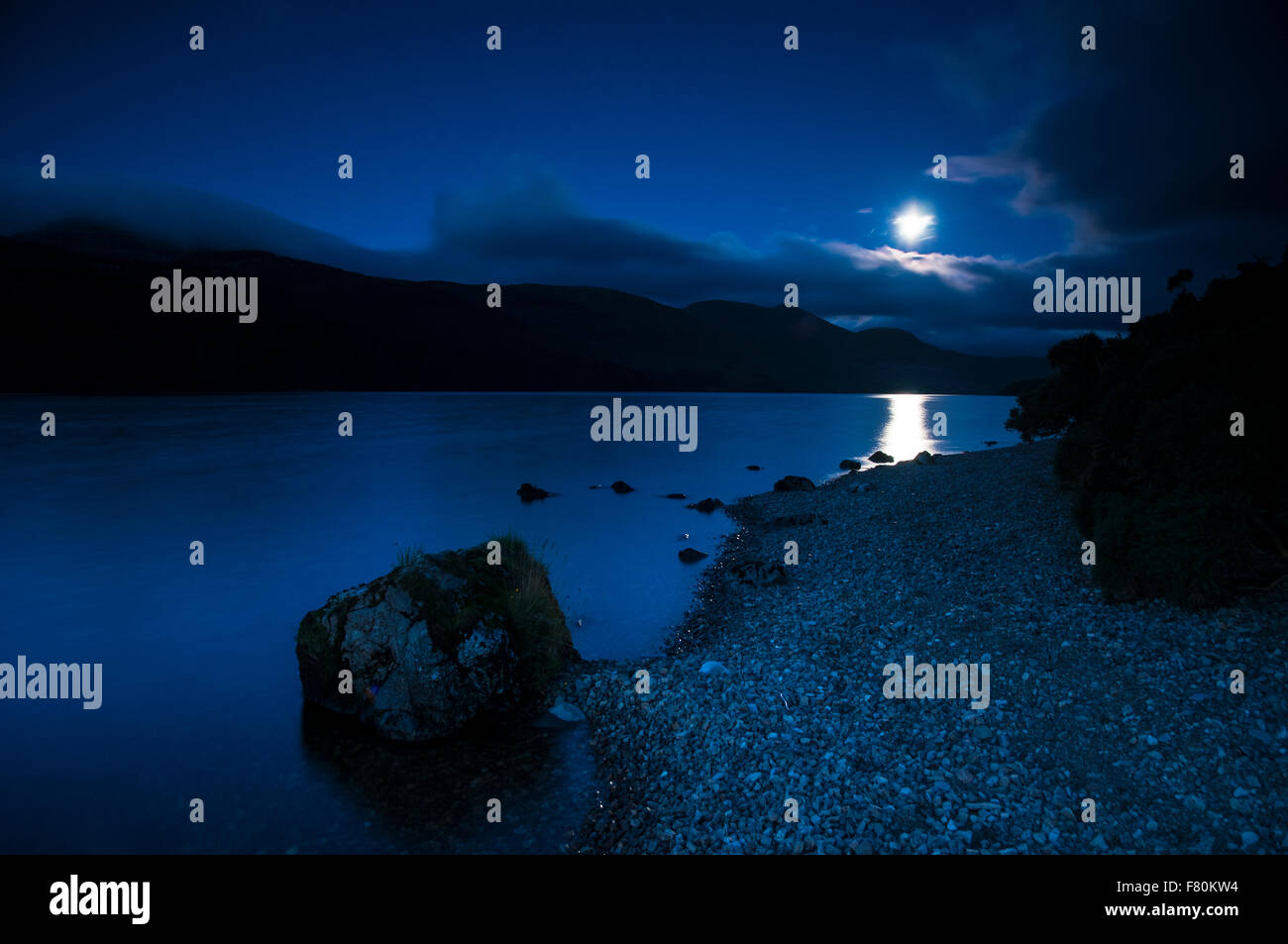 Loch More, also known as Allt Cean Locha, under a full moon. Sutherland ...