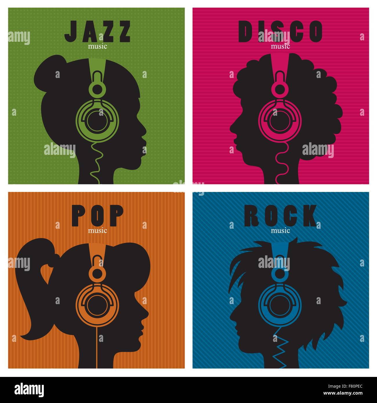 Conceptual set of head profiles with headphones icons; people listening ...