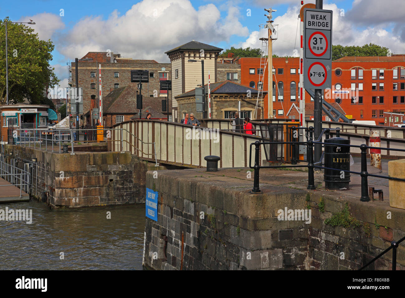 A swing bridge for small road traffic and pedestrian use with a go/stop ...