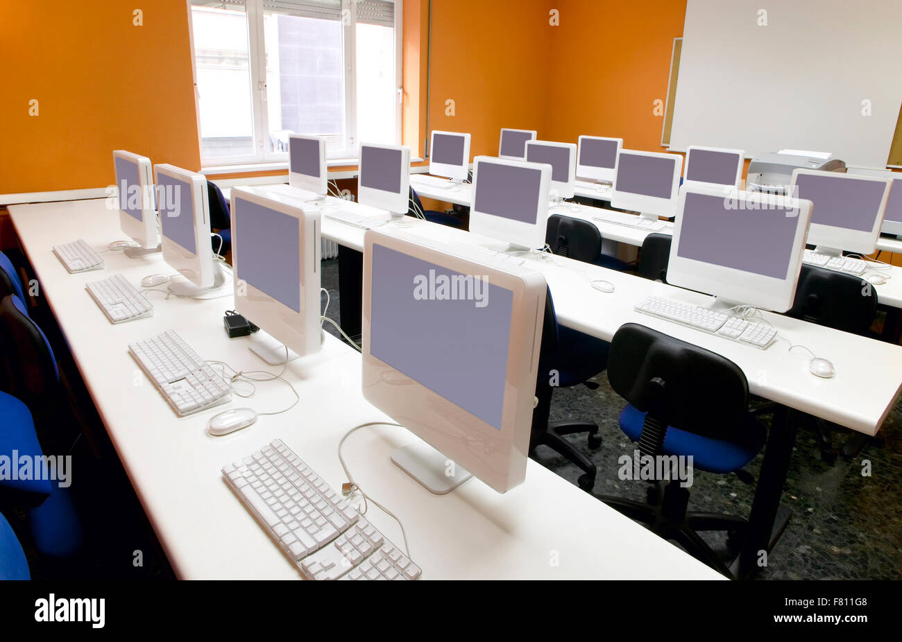 Multimedia classroom with large group of computers. Horizontal Stock ...