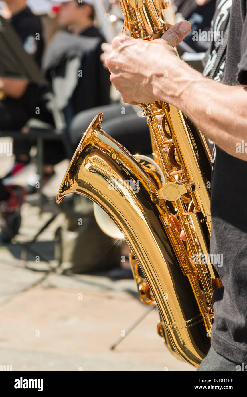 Playing Golden Saxophone Instrument during Outdoor Concert Stock Photo ...