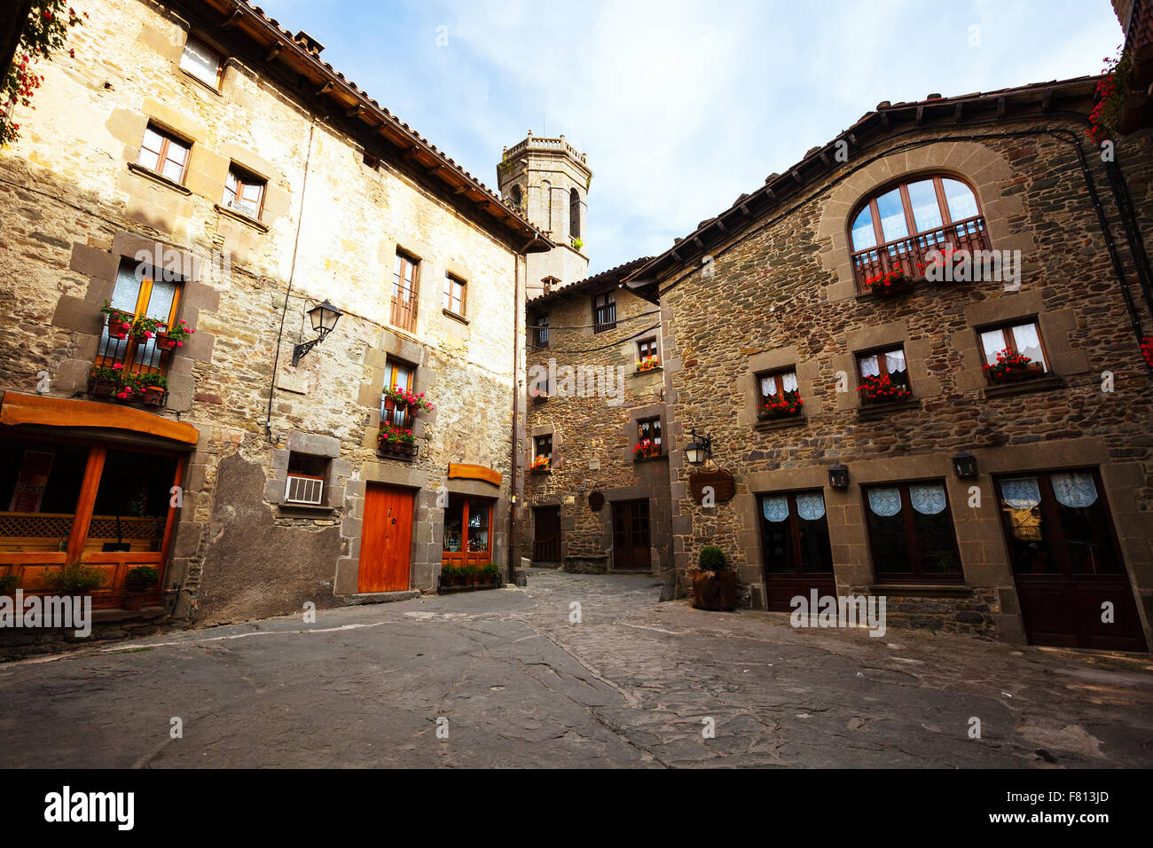 street in medieval Catalan village. Rupit, Catalonia Stock Photo - Alamy