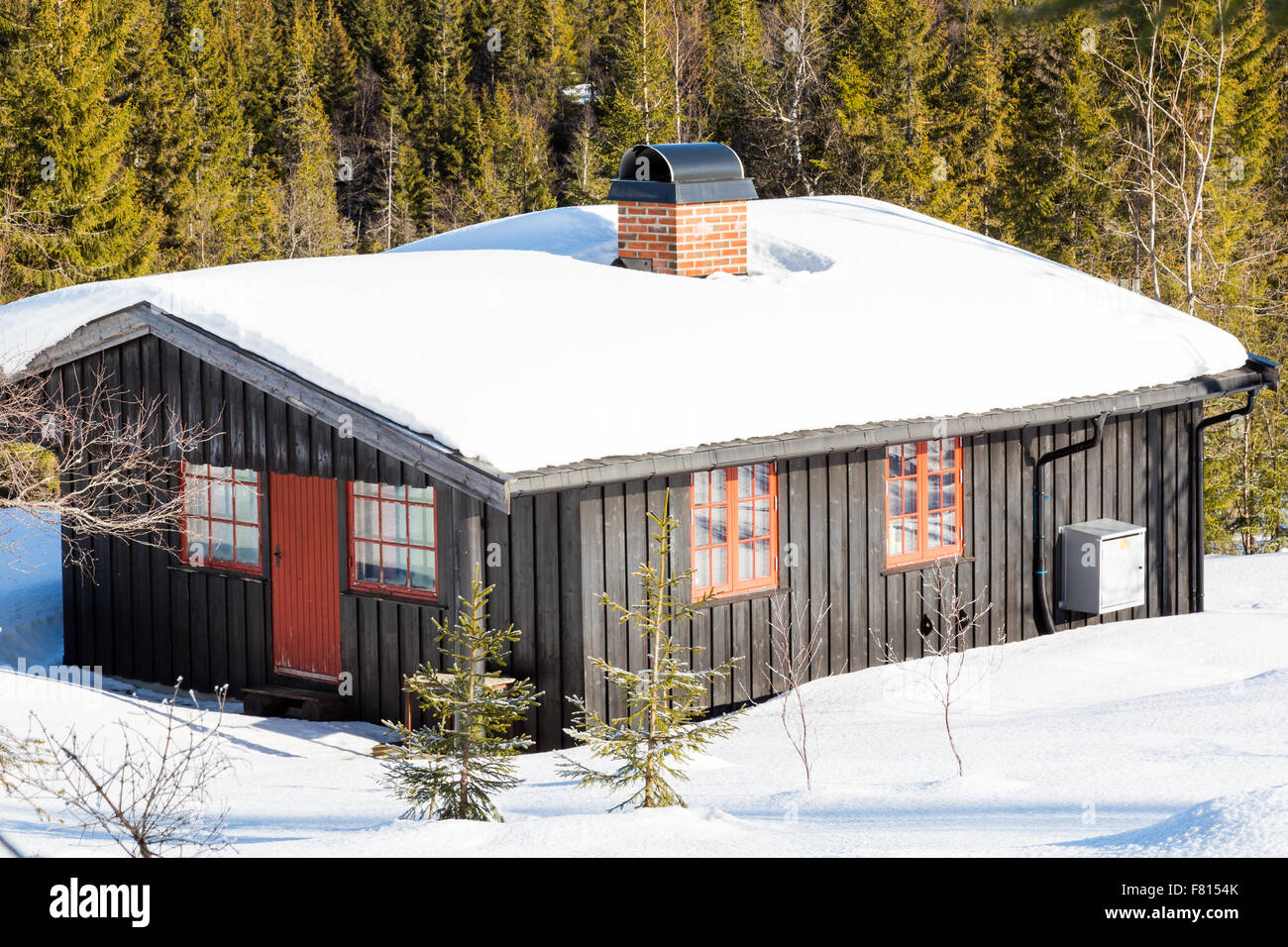 Typical black Norwegian cabin covered in snow in the forest North of ...
