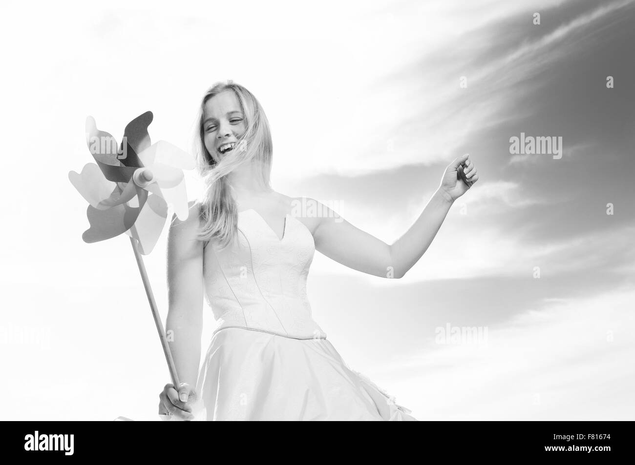 happy young beautiful bride after wedding ceremony event have fun ...