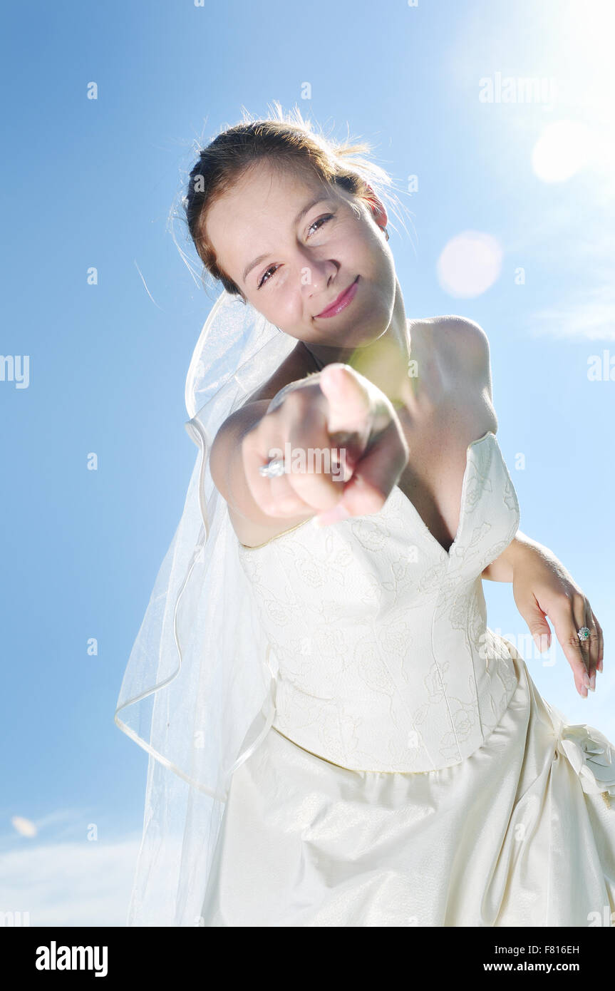 happy young beautiful bride after wedding ceremony event have fun ...