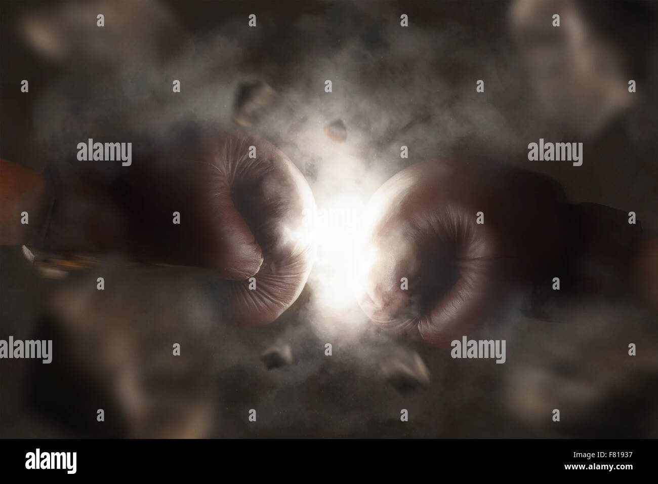 Two brown old boxing gloves hit together Stock Photo - Alamy