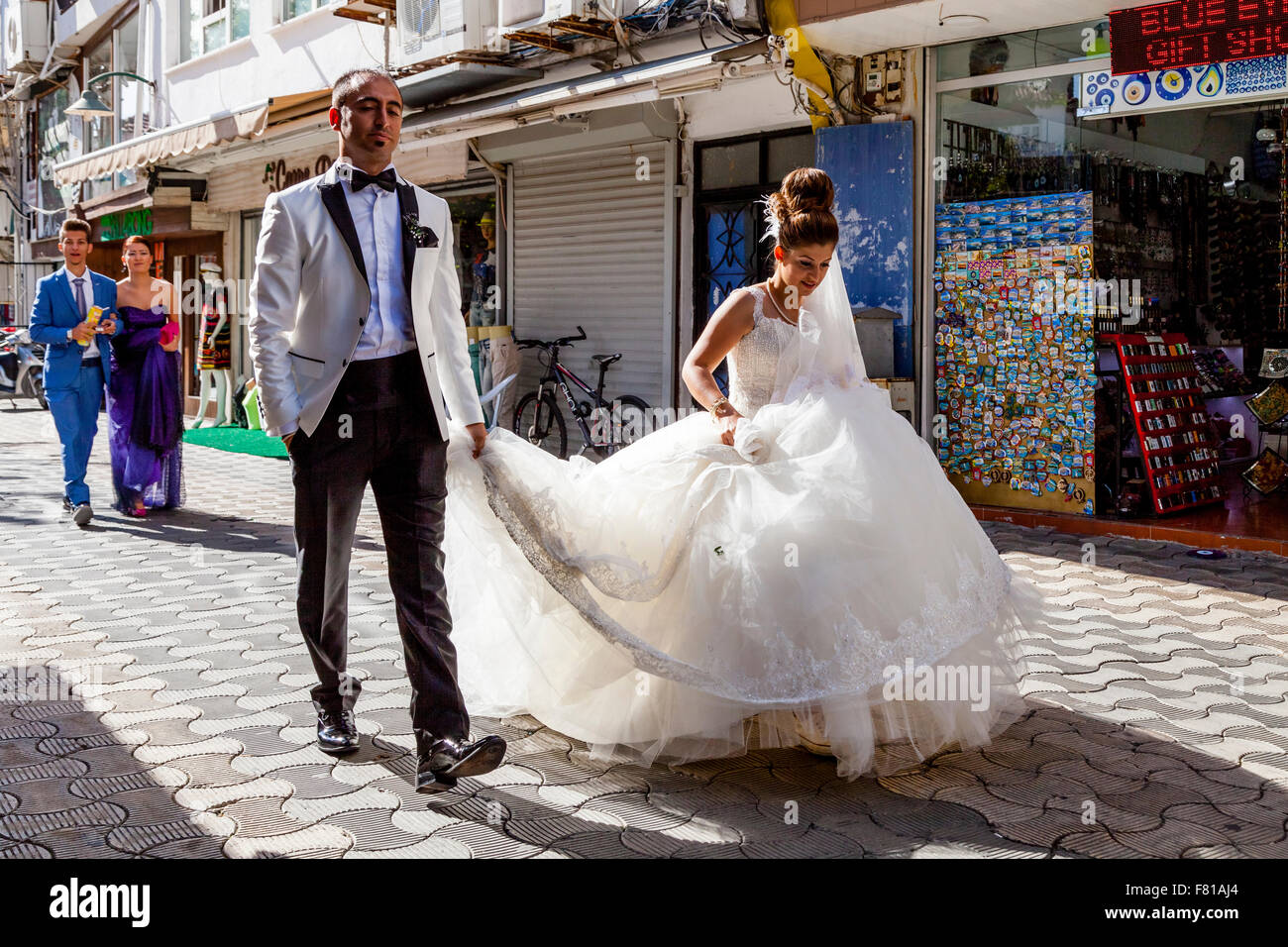 Turkish Wedding, A Just Married Couple Walk Through The Streets Of ...