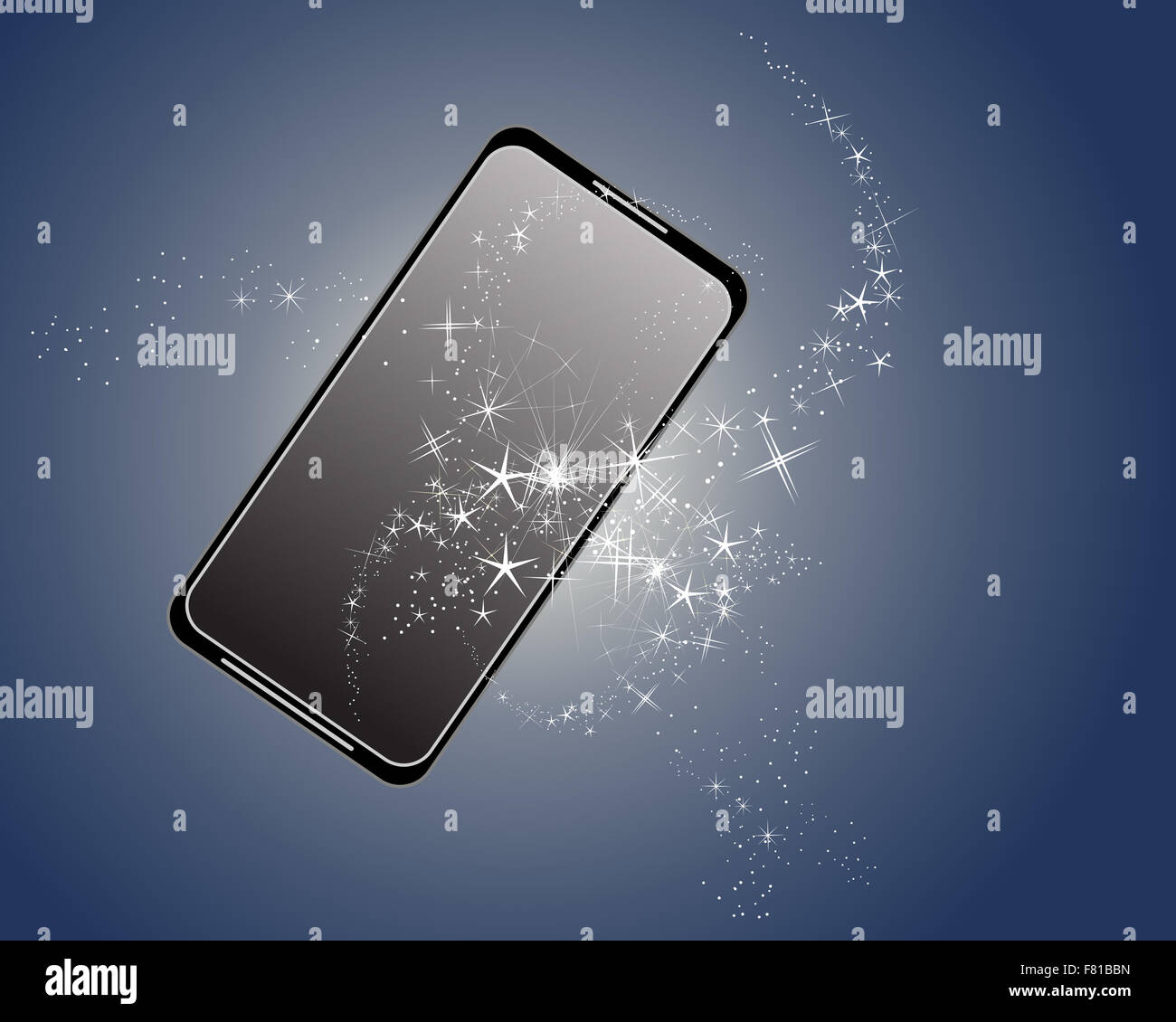 an illustration of a magic smart phone with white sparkles on an inky ...
