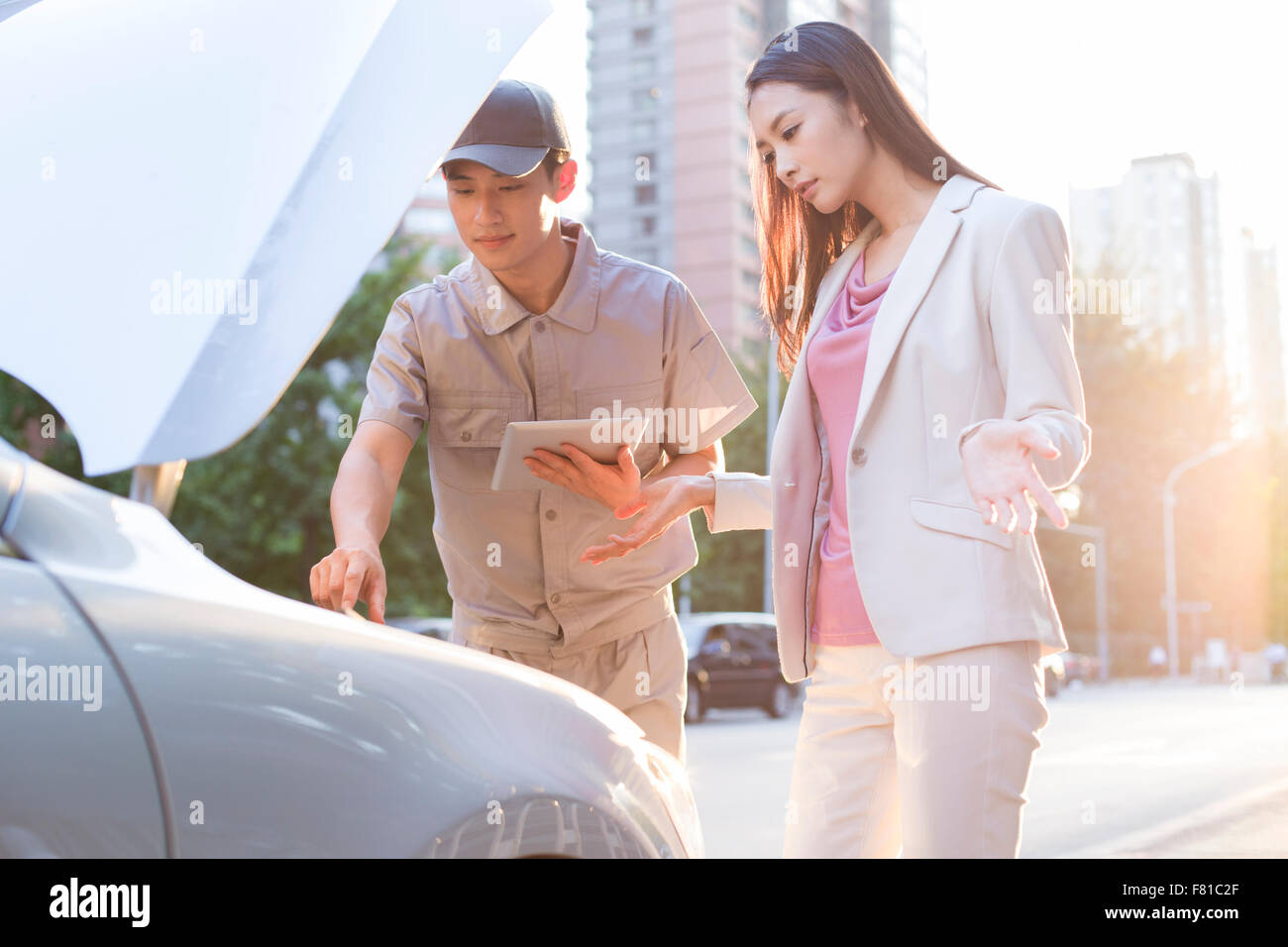 Auto mechanic and car owner Stock Photo - Alamy