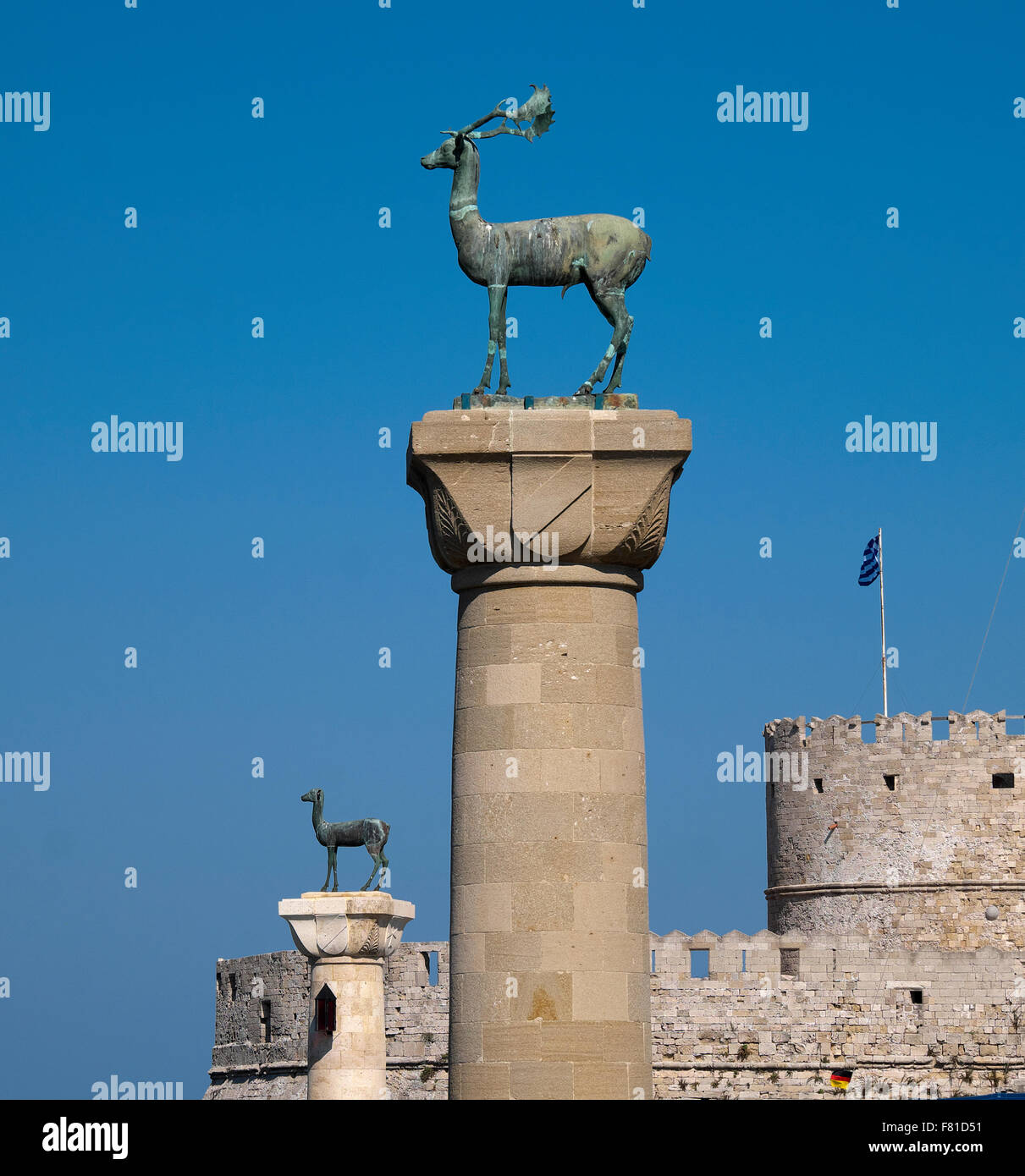 Columns with a stag and a doe, heraldic animals of Rhodes, entrance to ...