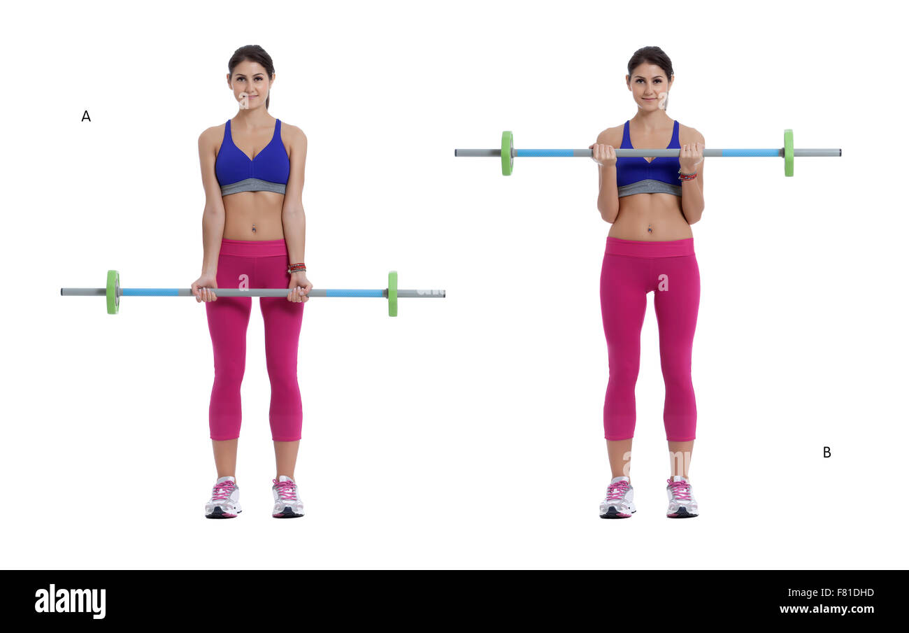 Step by step instructions: Stand straight holding a barbell with an ...