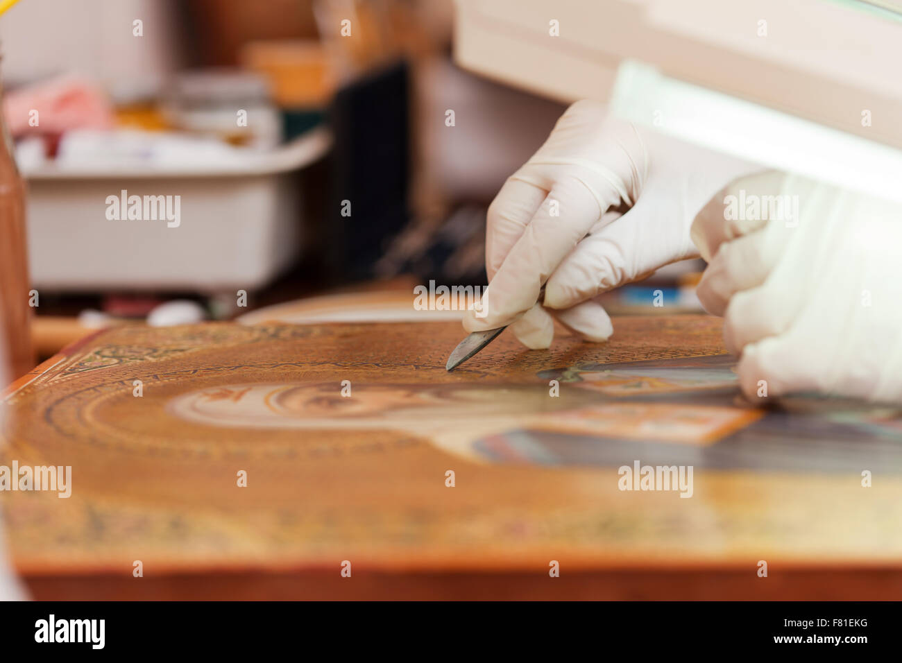 Closeup of restoration of ancient Christian icon Stock Photo - Alamy