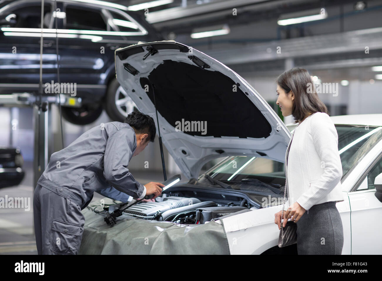 Auto mechanic and car owner Stock Photo - Alamy