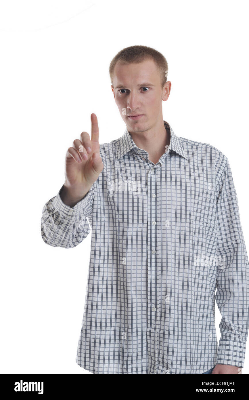 handsome young business man touching screen isolated on white bacground ...
