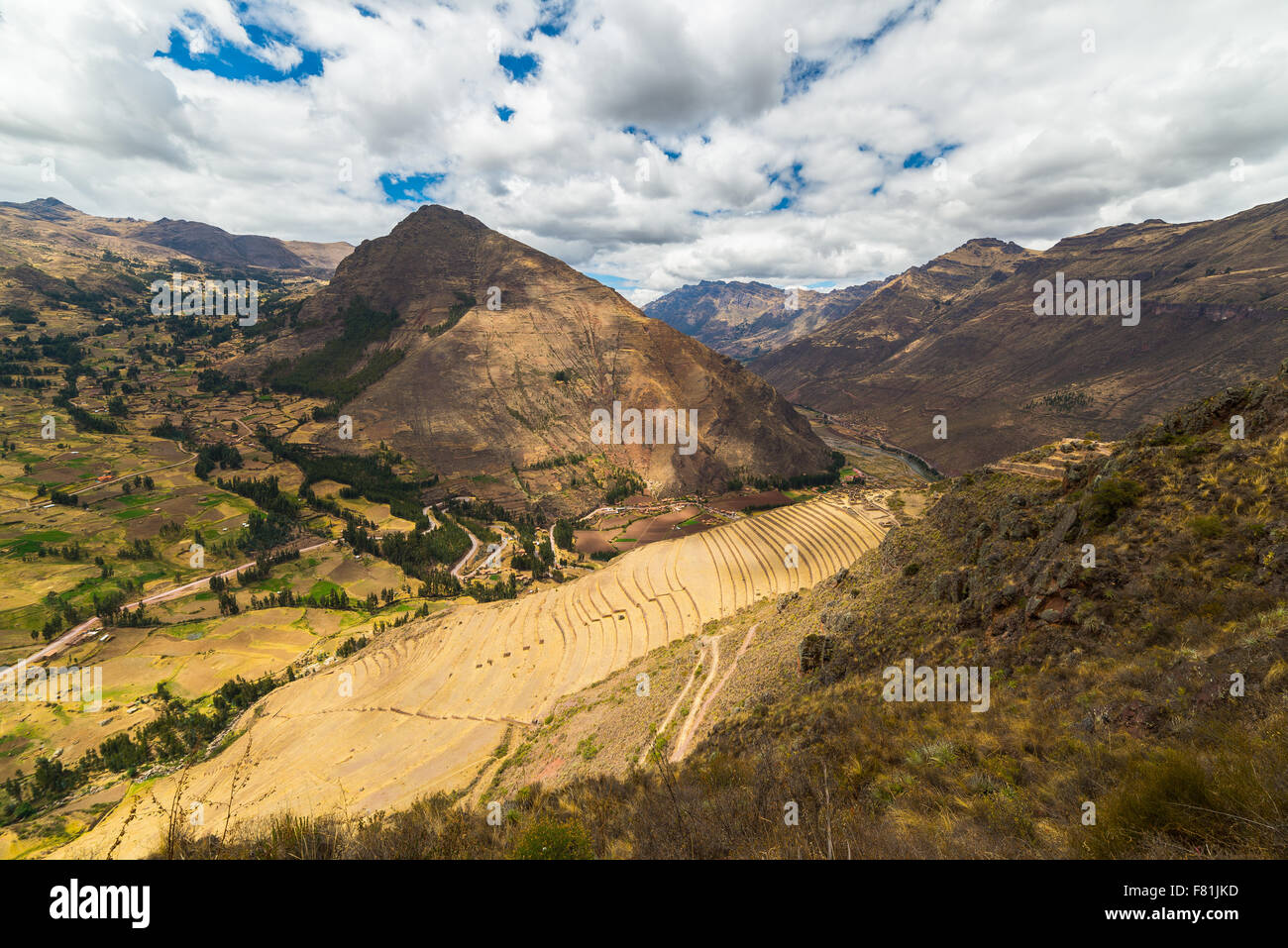 Wide angle view of the glowing majestic concentric terraces of Pisac ...