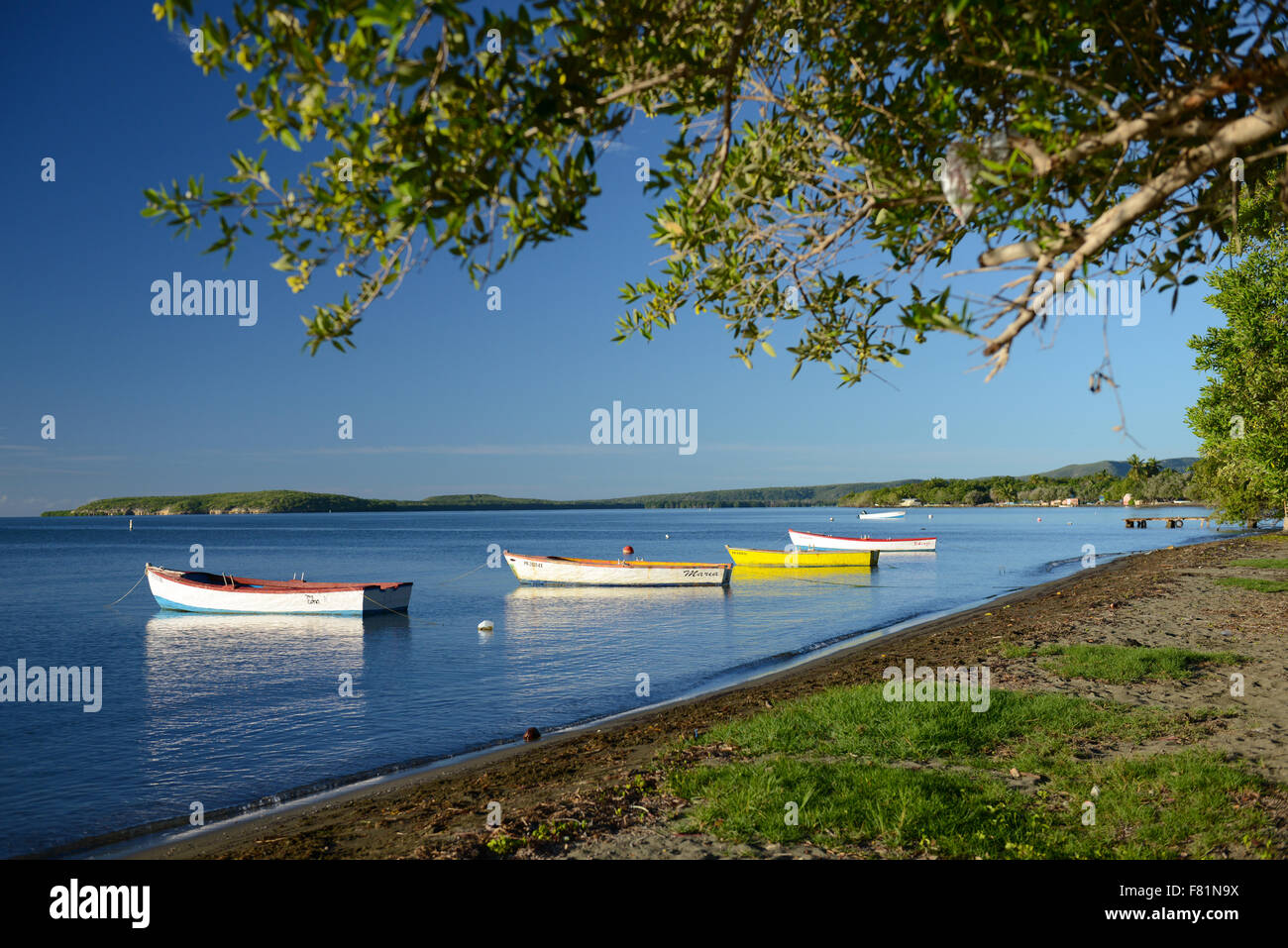 Boats in the bucolic shore of the town of Guayanilla, Puerto Rico. USA ...