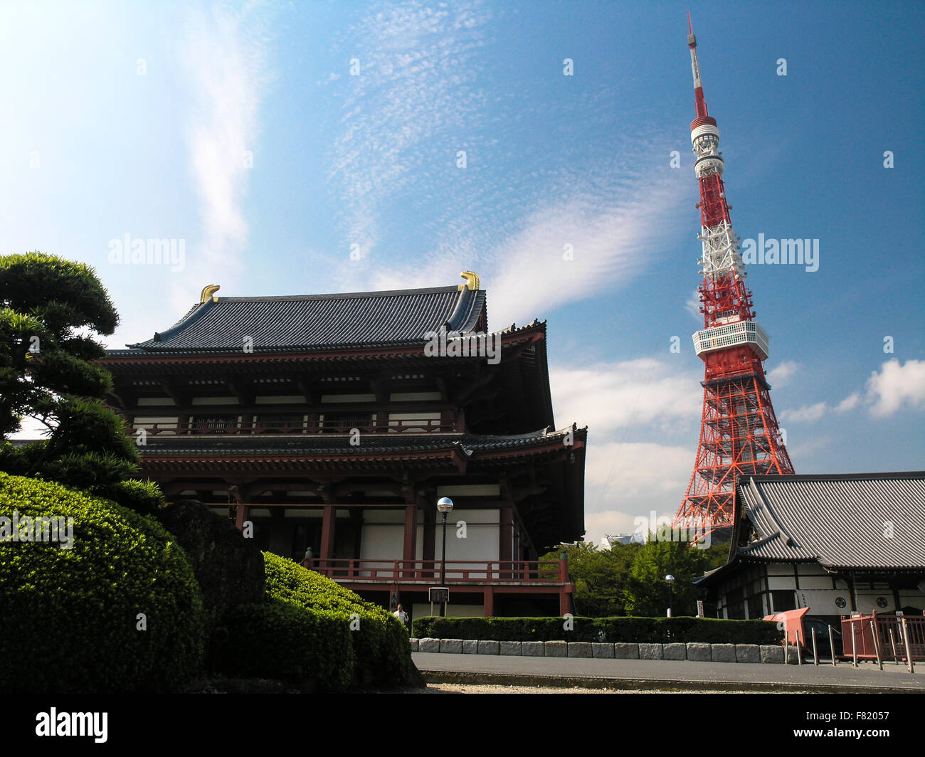 View of a classic Japanese building and the Tokyo Tower, Japan Stock ...