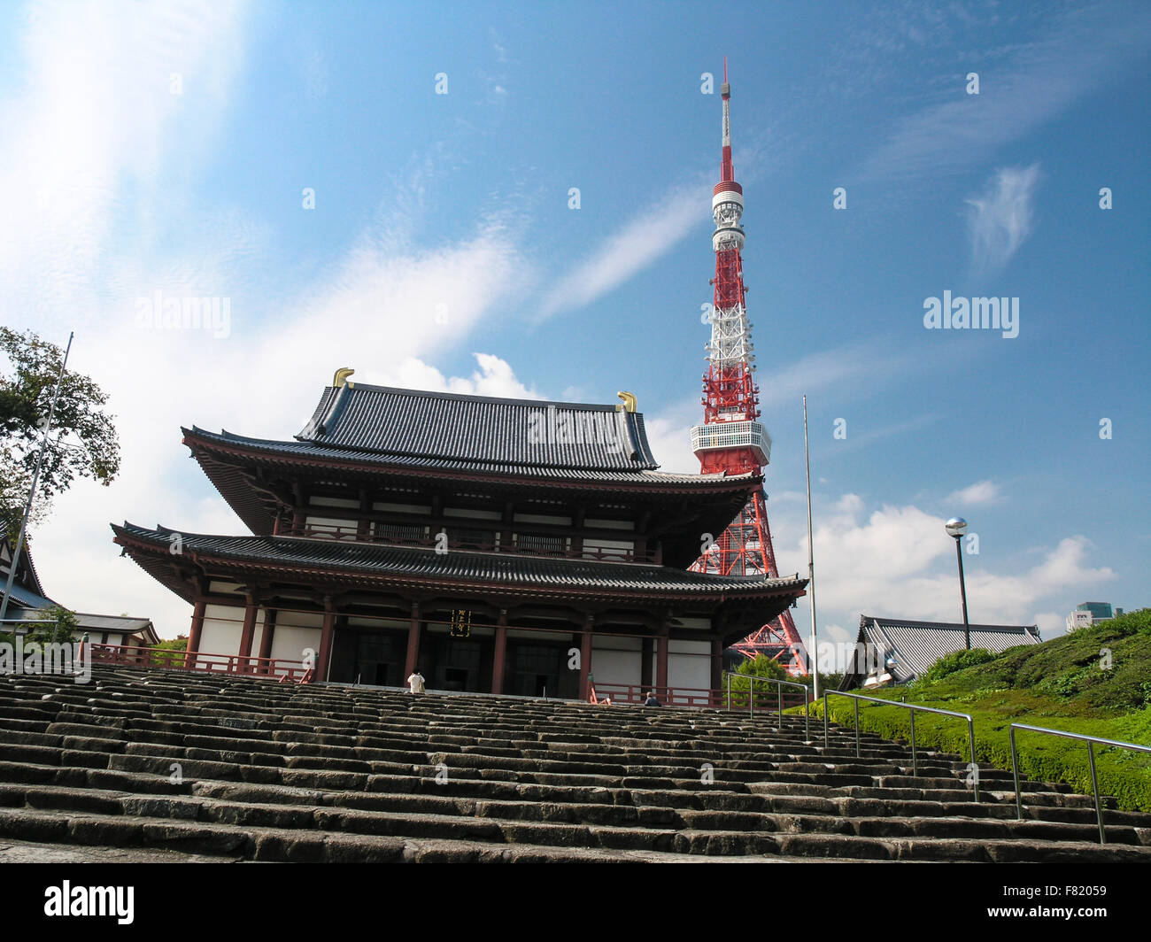 View of a classic Japanese building and the Tokyo Tower, Japan Stock ...