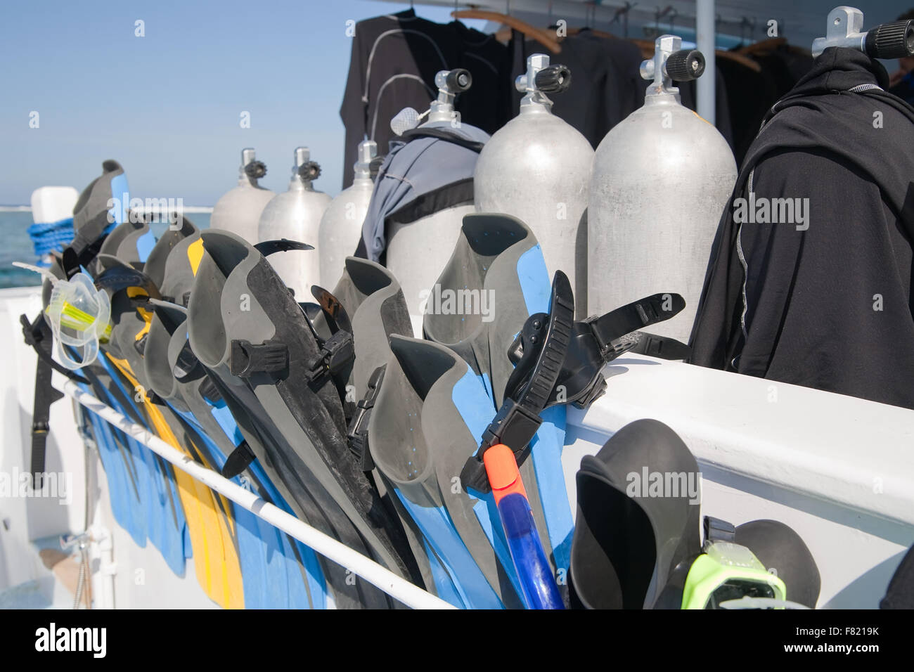 Diving equipment positioned on a deck of a boat Stock Photo - Alamy