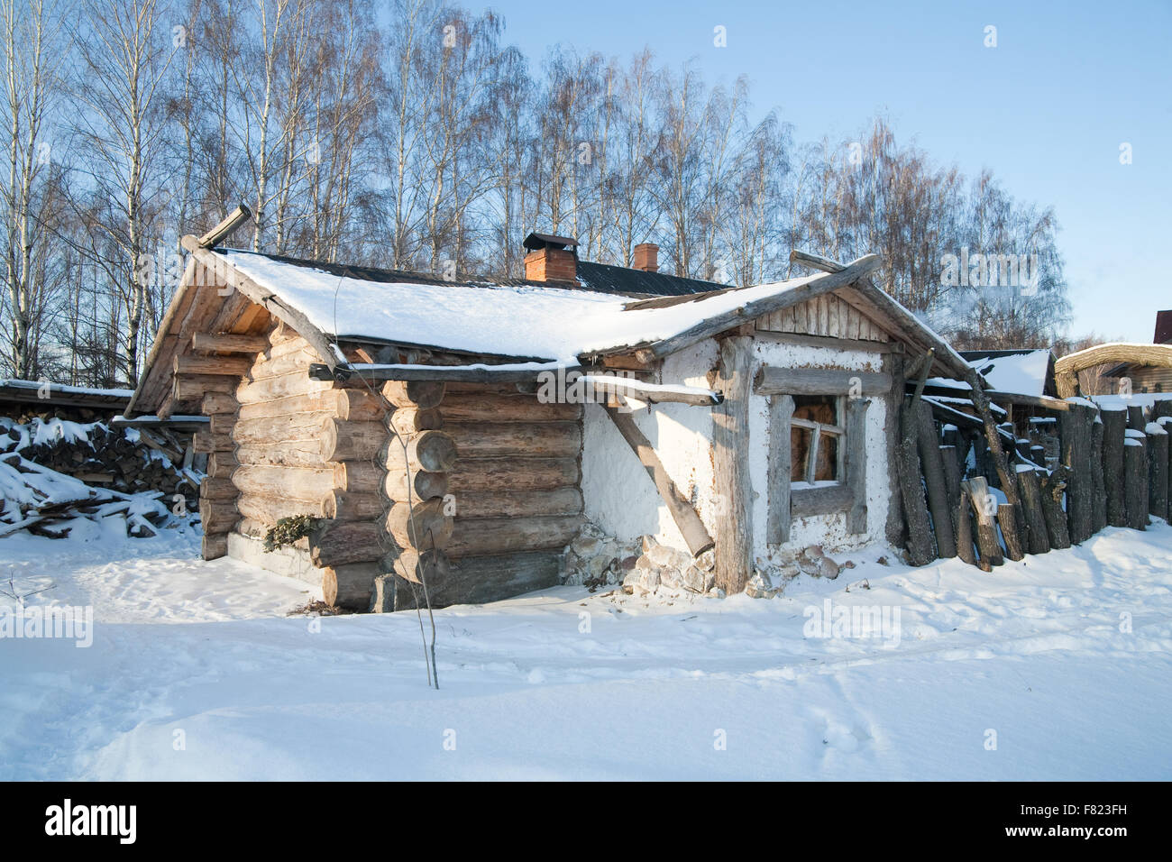 wooden village house in frosty winter day Stock Photo - Alamy