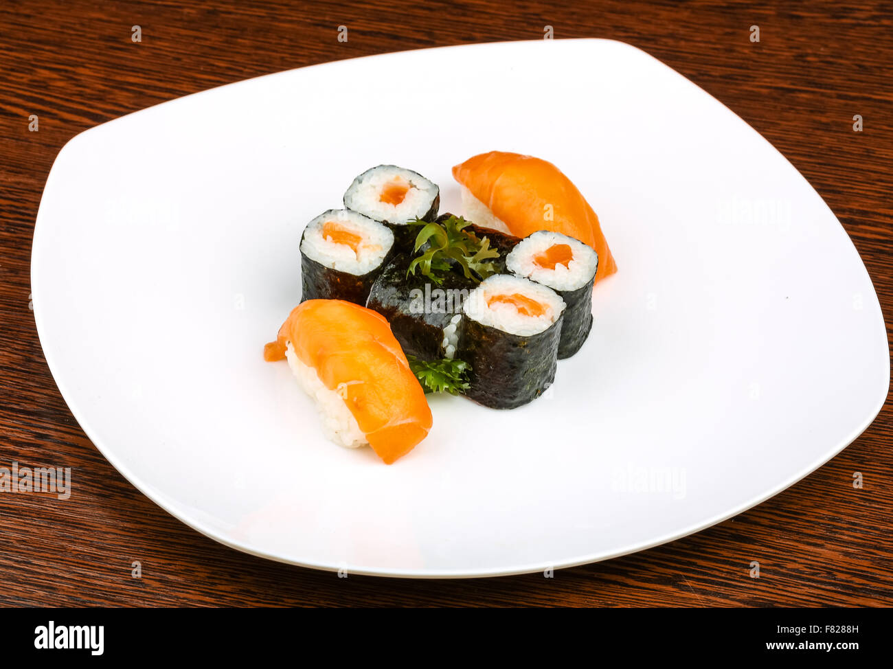 Japan traditional fresh cold salmon sushi and roll Stock Photo - Alamy