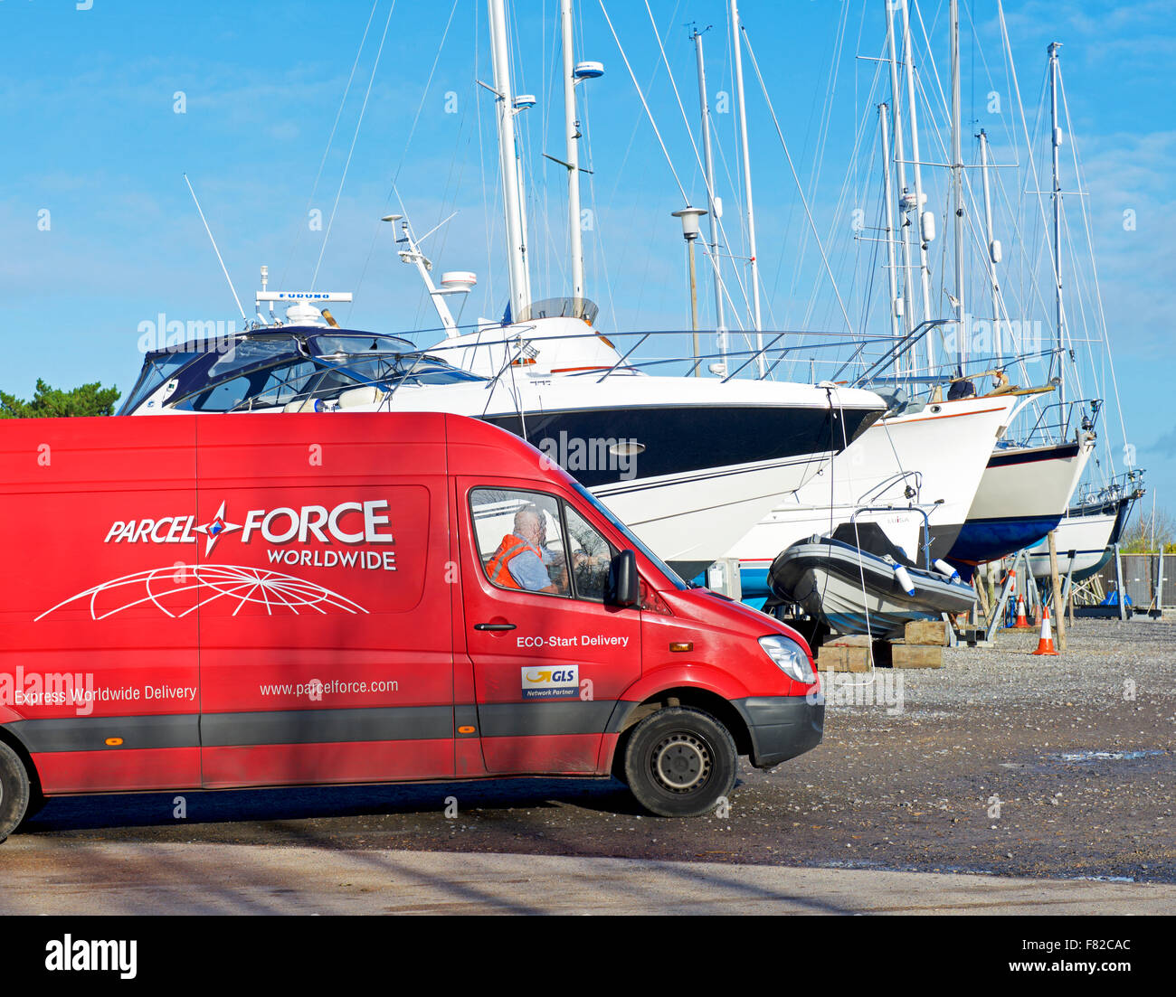 Parcel Force delivery van at Northney Marina, Hayling Island, Hampshire ...