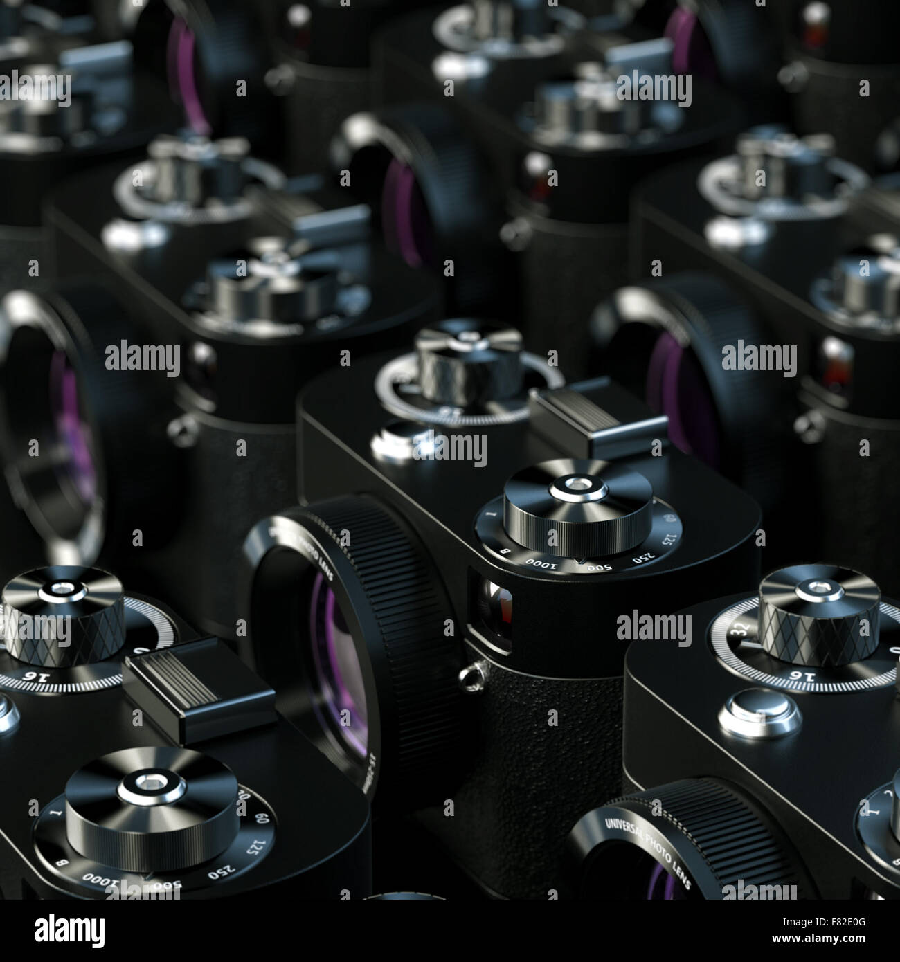 Many vintage cameras lined up in rows in black studio. 3D render Stock ...