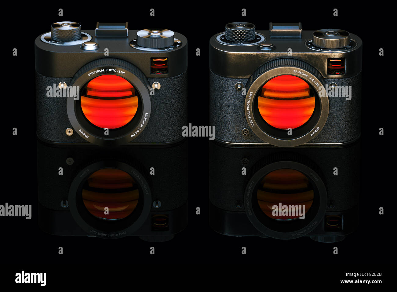 Old and new retro style digital camera isolated on black background. 3d ...