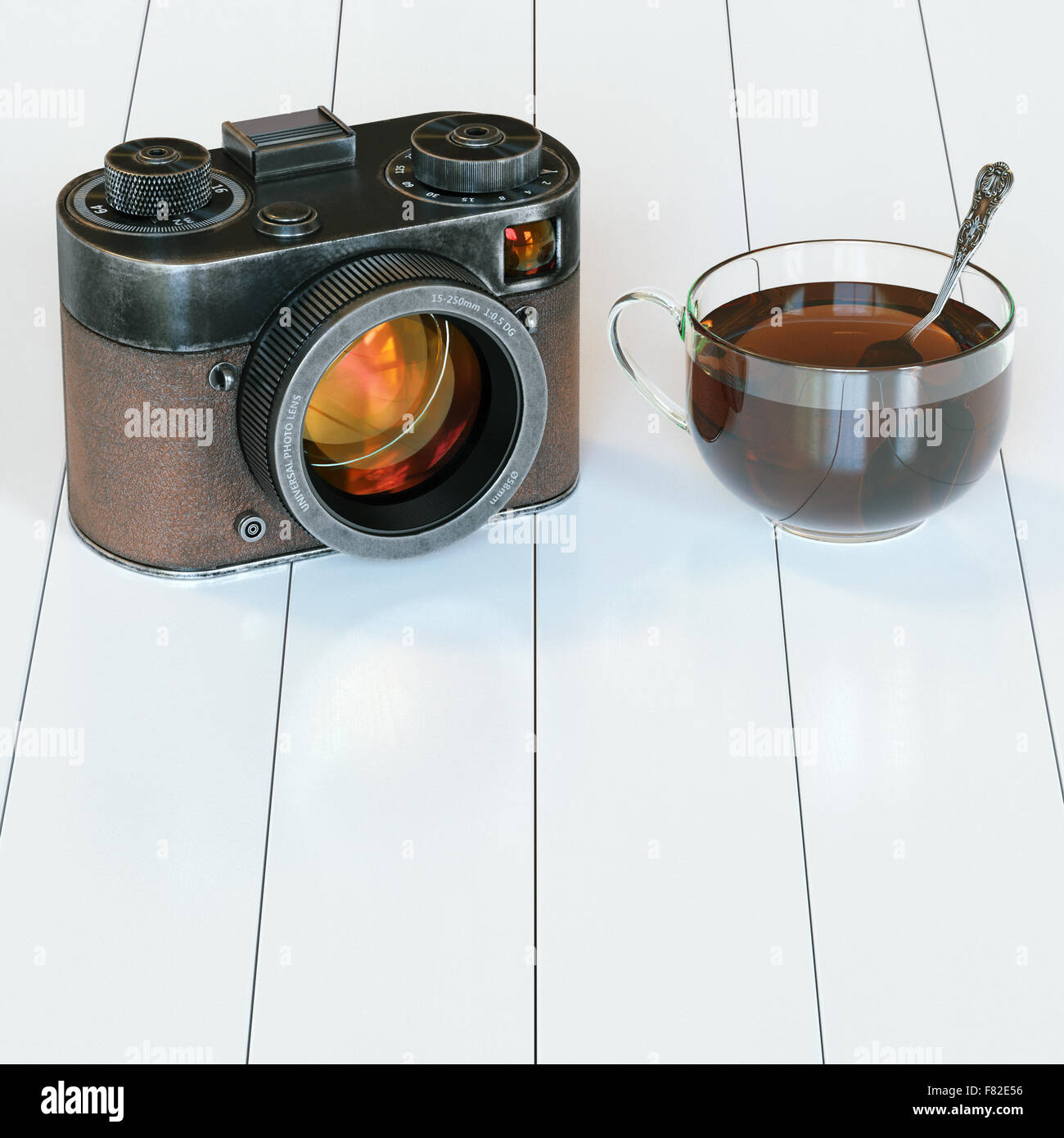 Vintage camera and glass cup of hot tea on white hardwood. 3d render ...