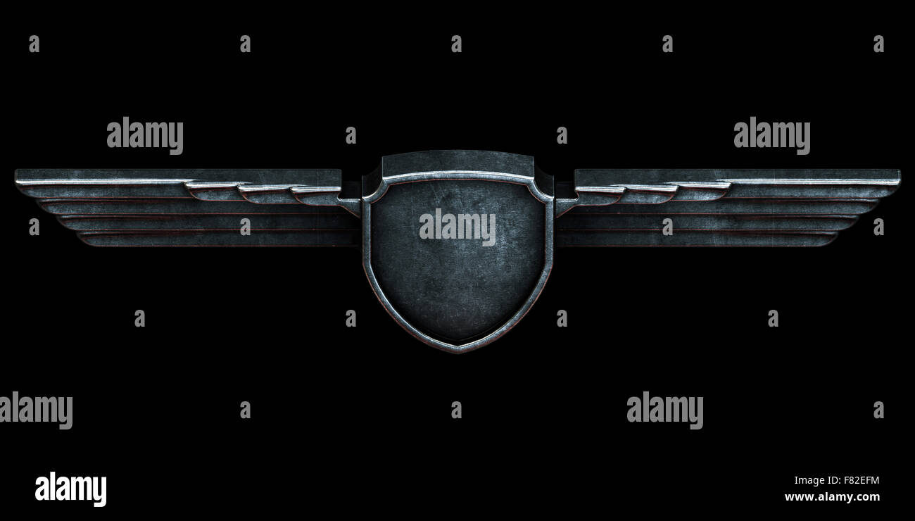 Black metal wings isolated on black background top view. 3d render ...