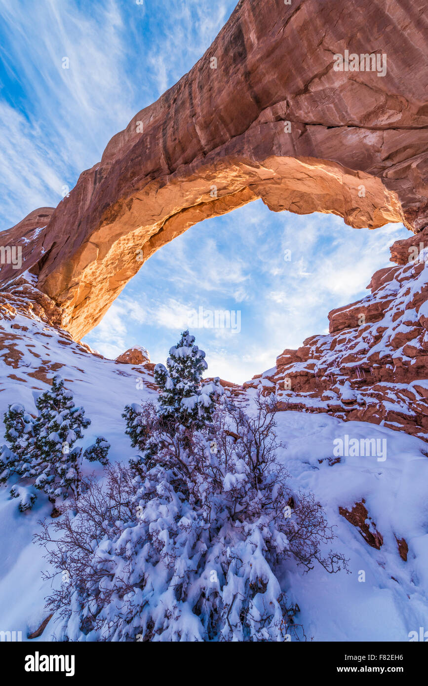 Snowy sunset at North Window, Arches National Park, Utah Windows ...