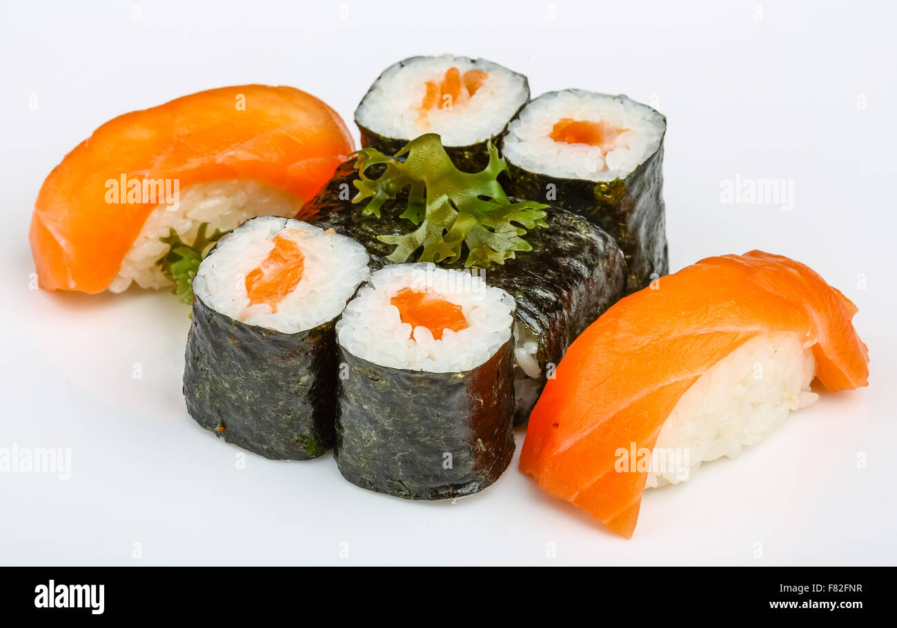 Japan traditional fresh cold salmon sushi and roll Stock Photo - Alamy