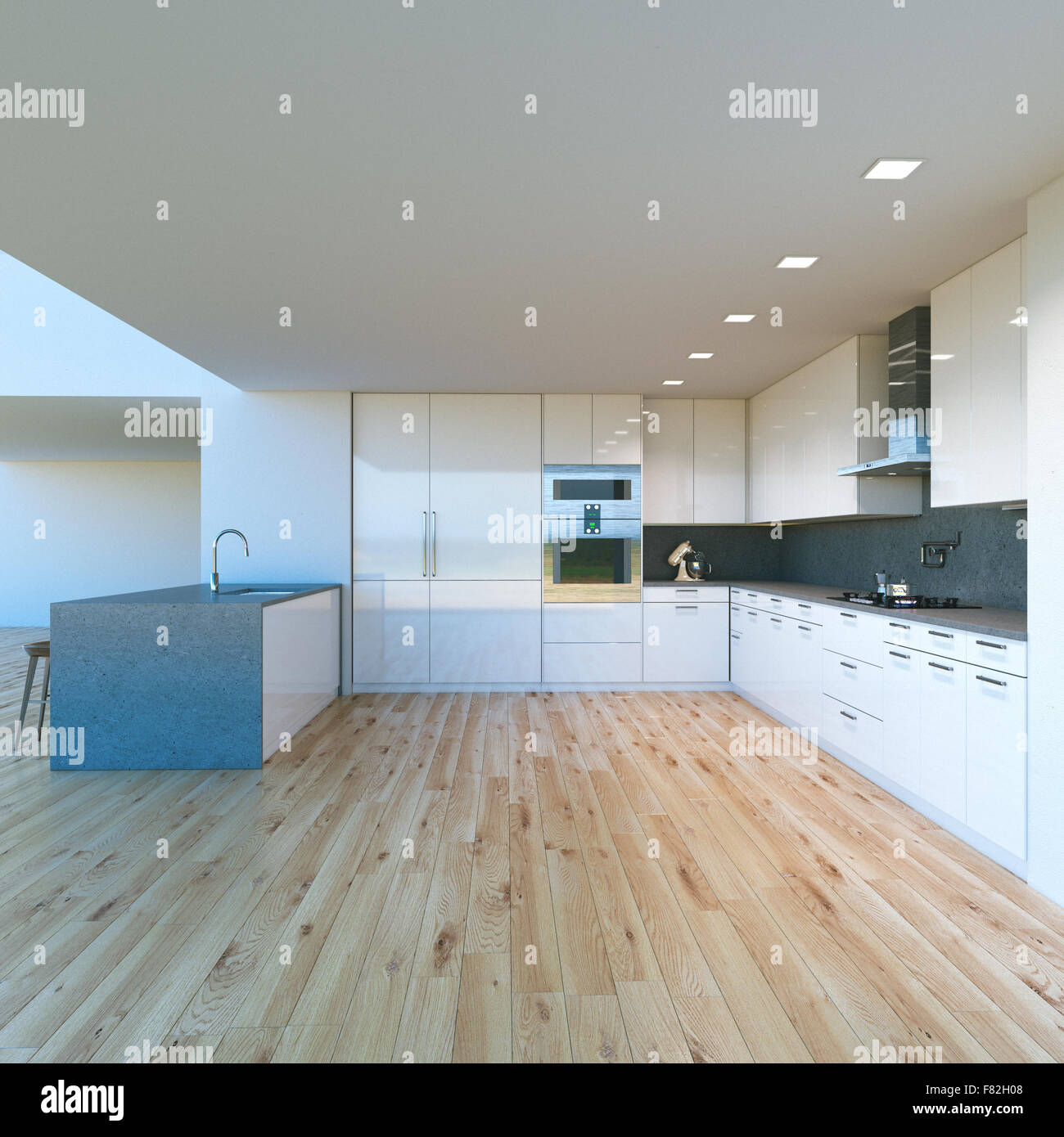 New decorated contemporary white Kitchen in luxury big home . 3D render ...