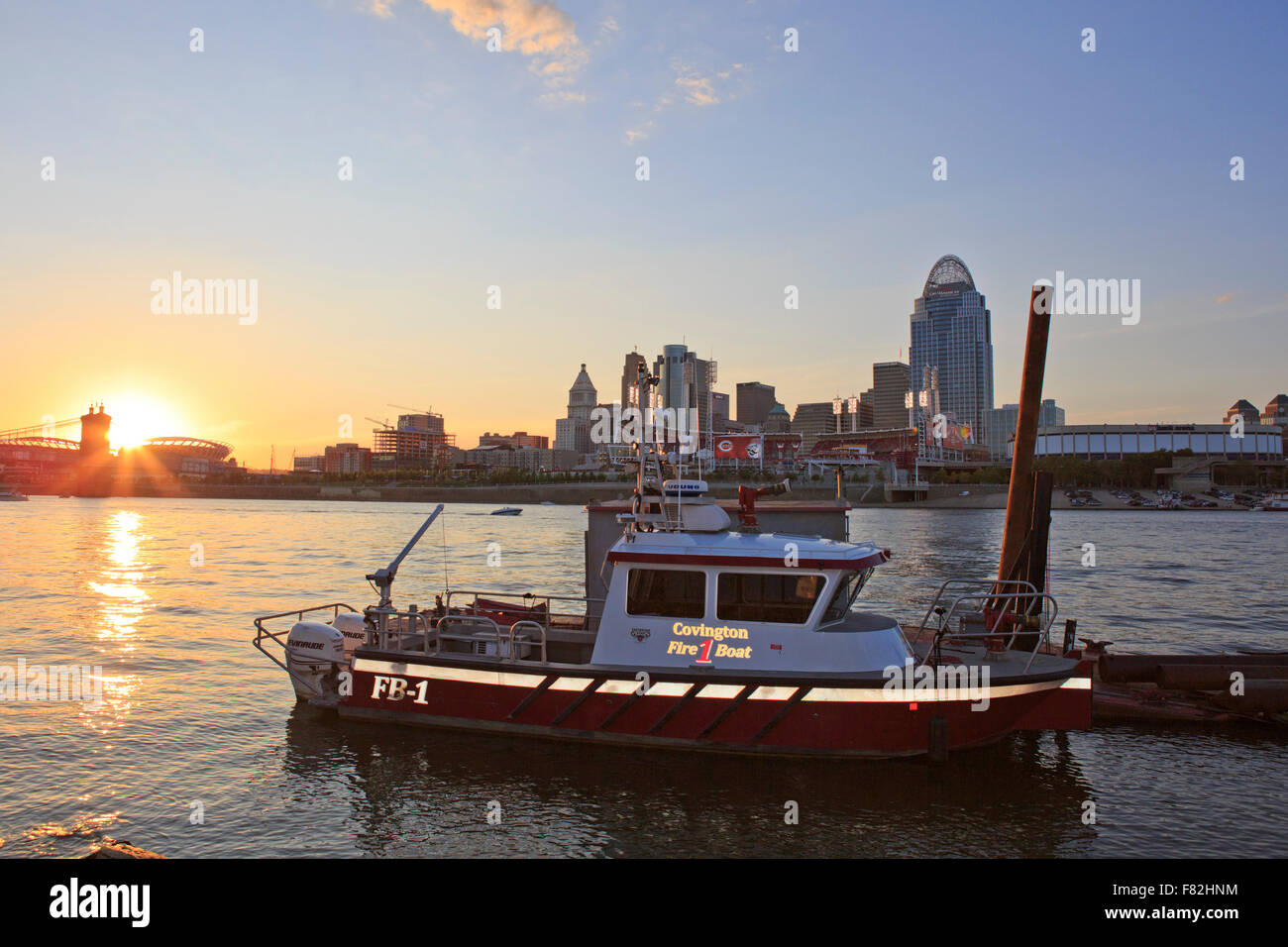Covington Fire Boat, with the skyline of Cincinnati in the background ...