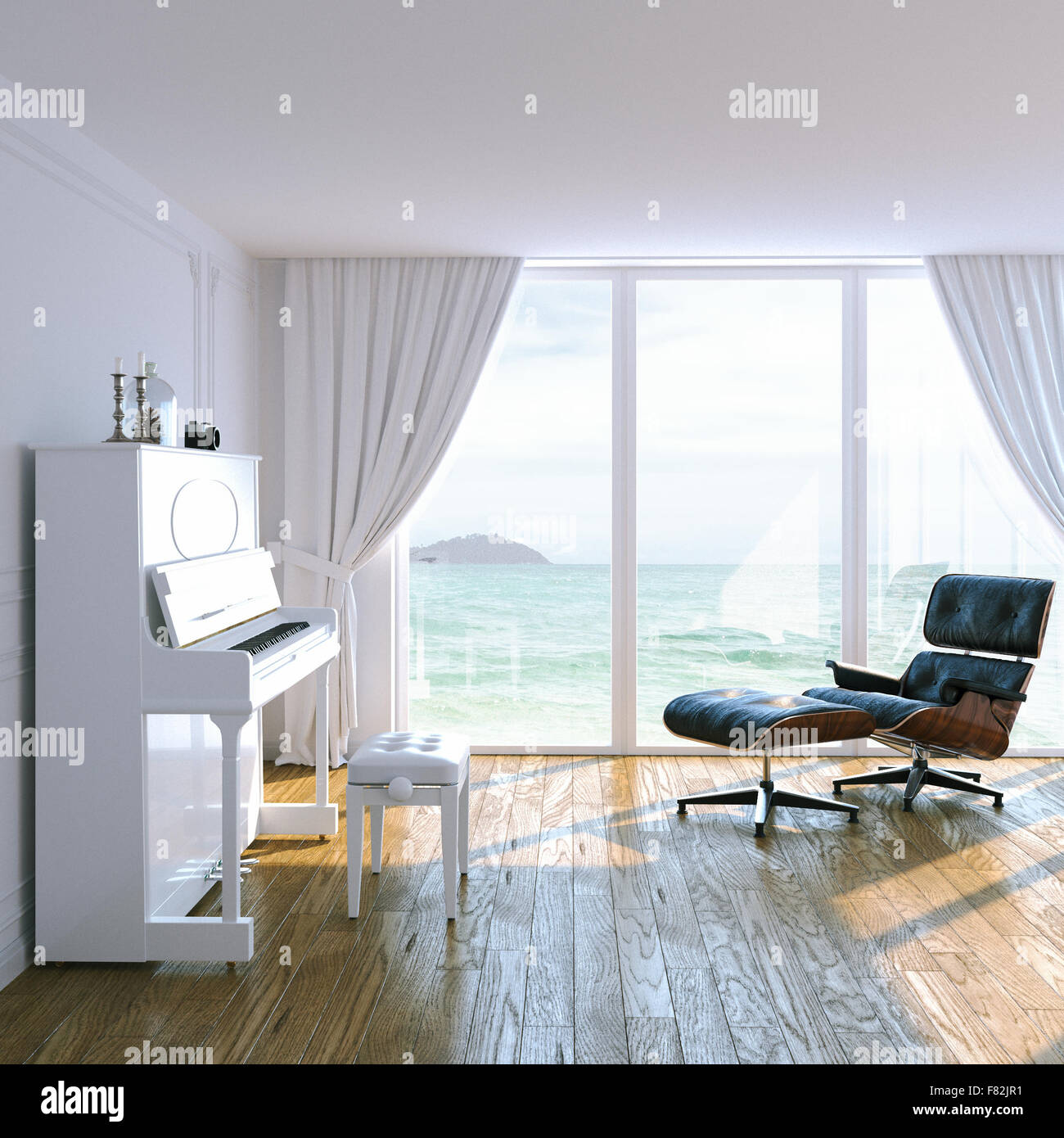 Music white room with piano and big window Stock Photo - Alamy