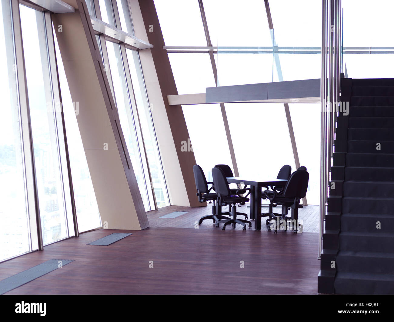 modern office interior, bright conference meeting room with big windows ...