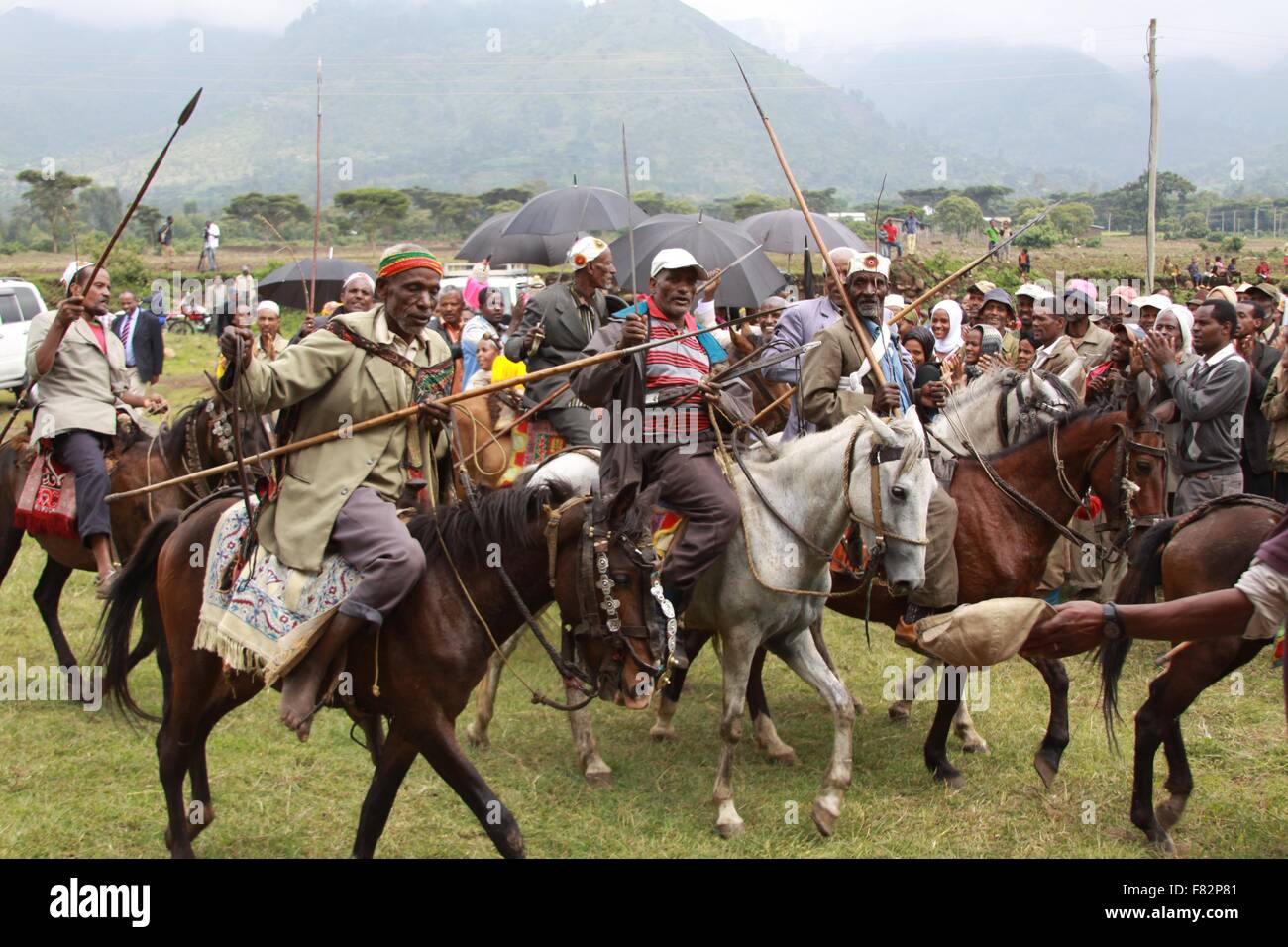 Ethiopian traditional Gurage tribal horsemen welcome visitors to a ...