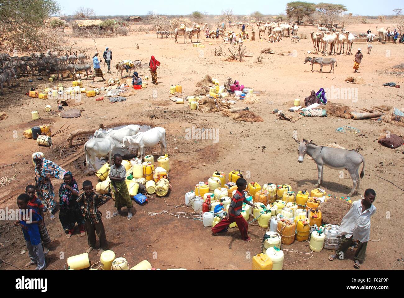 Villagers gather around a traditional watering hole in Kotile, Kenya ...