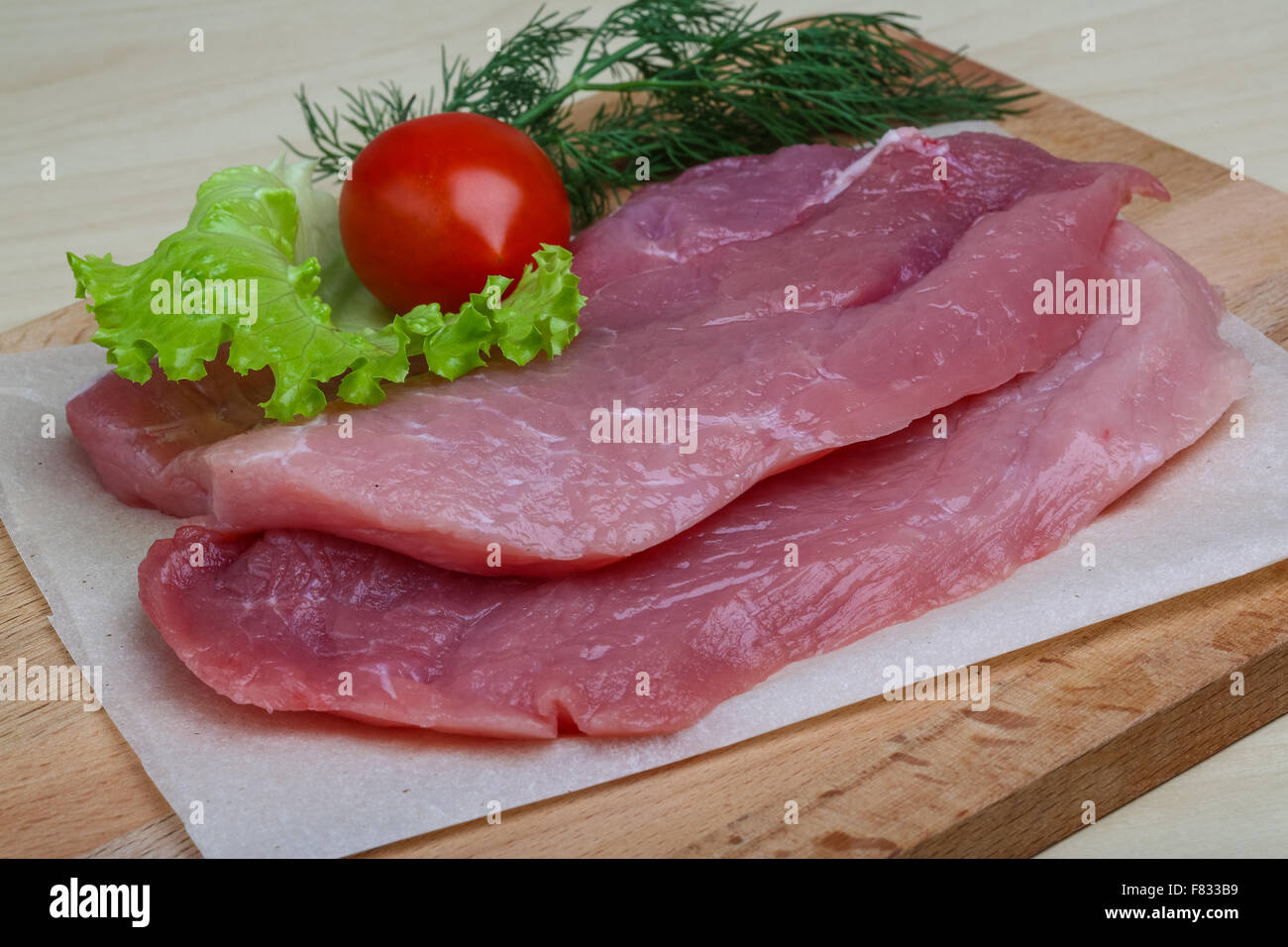 Raw pork schnitzel with dill - ready for cooking Stock Photo - Alamy
