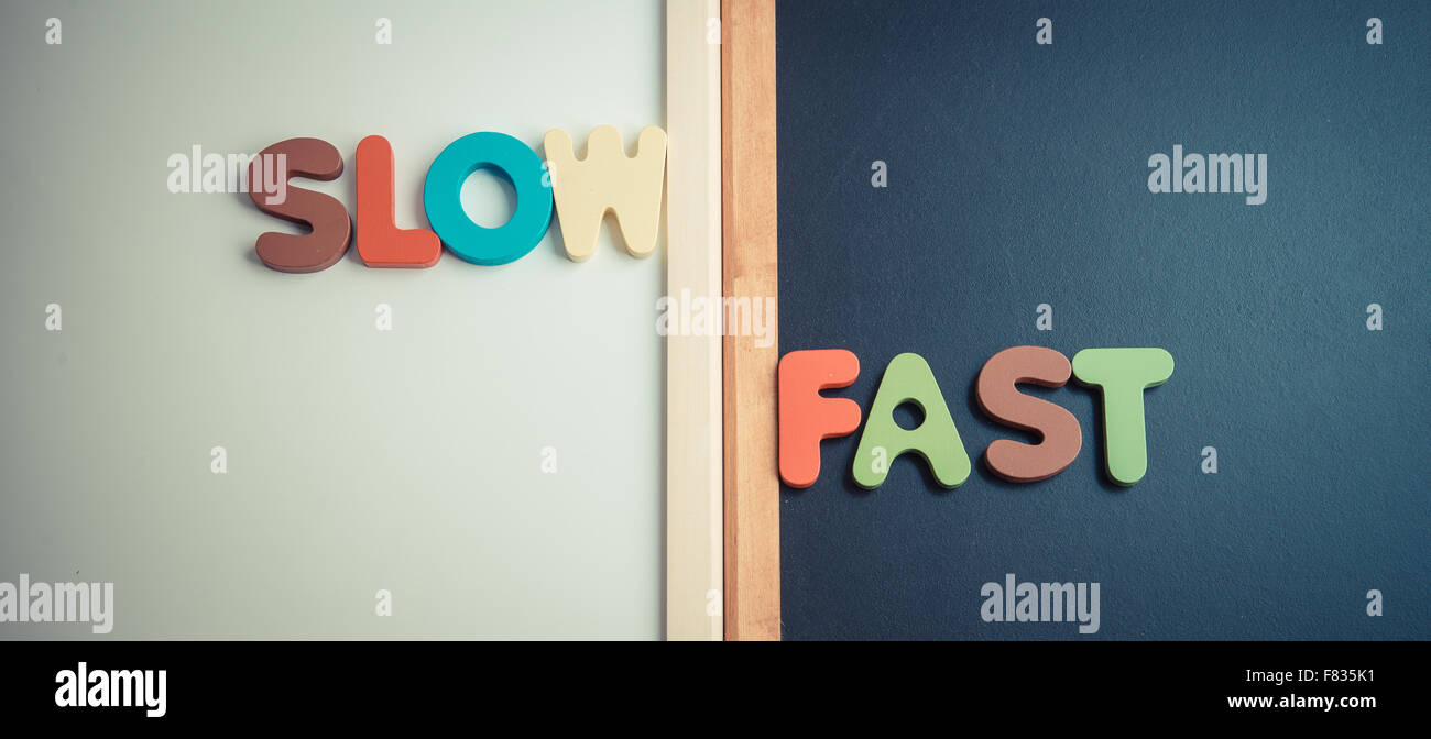 Wooden word SLOW and FAST on black board and white board in vintage ...